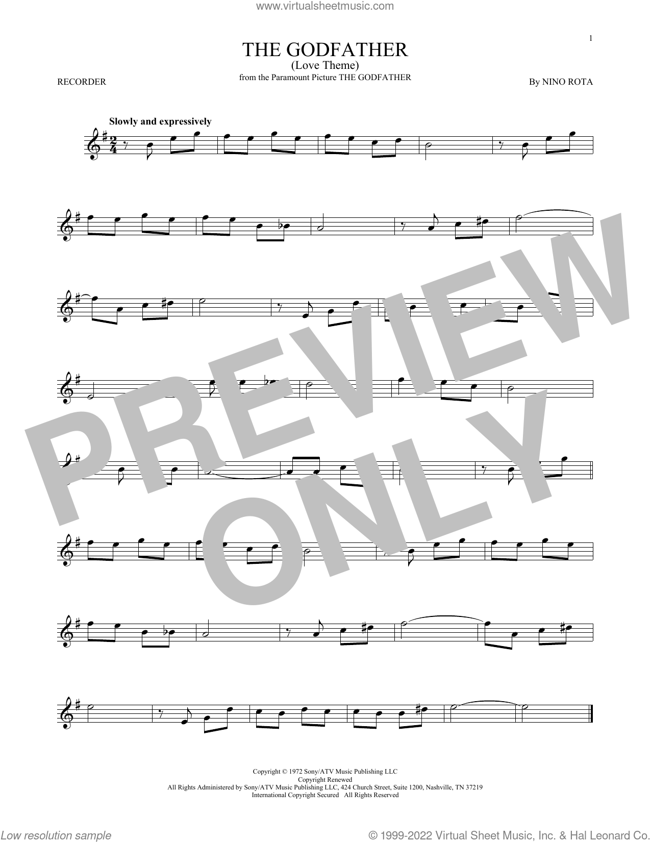 The Godfather (Love Theme) sheet music for recorder solo (PDF)