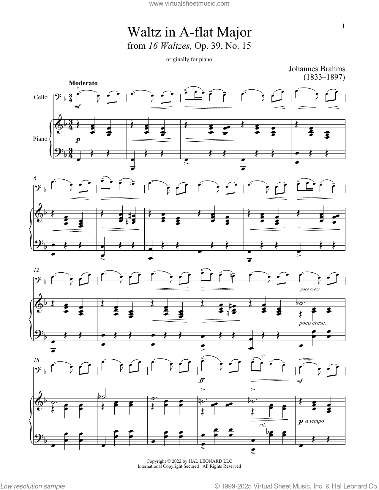 Waltz In A-Flat Major, Op. 39, No. 15 sheet music for cello and piano