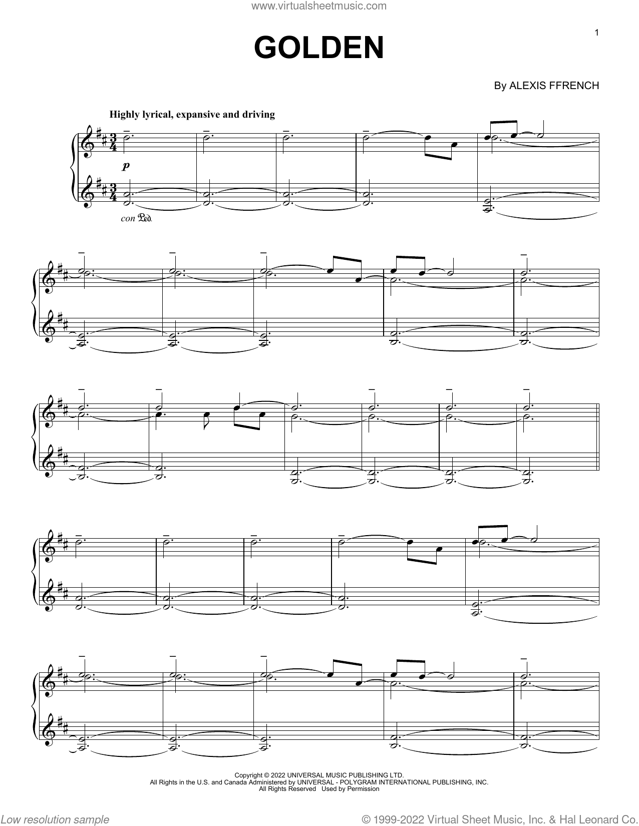 Golden sheet music for piano solo (PDF-interactive)