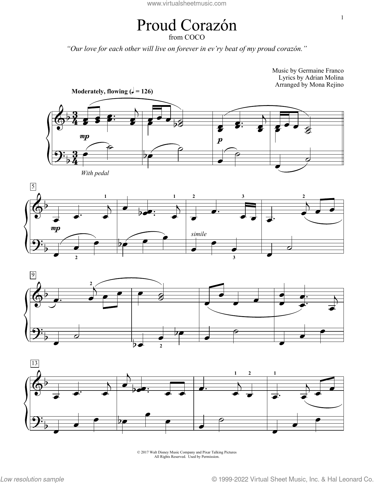 Proud Corazon (from Coco) (arr. Mona Rejino) sheet music for piano solo ...