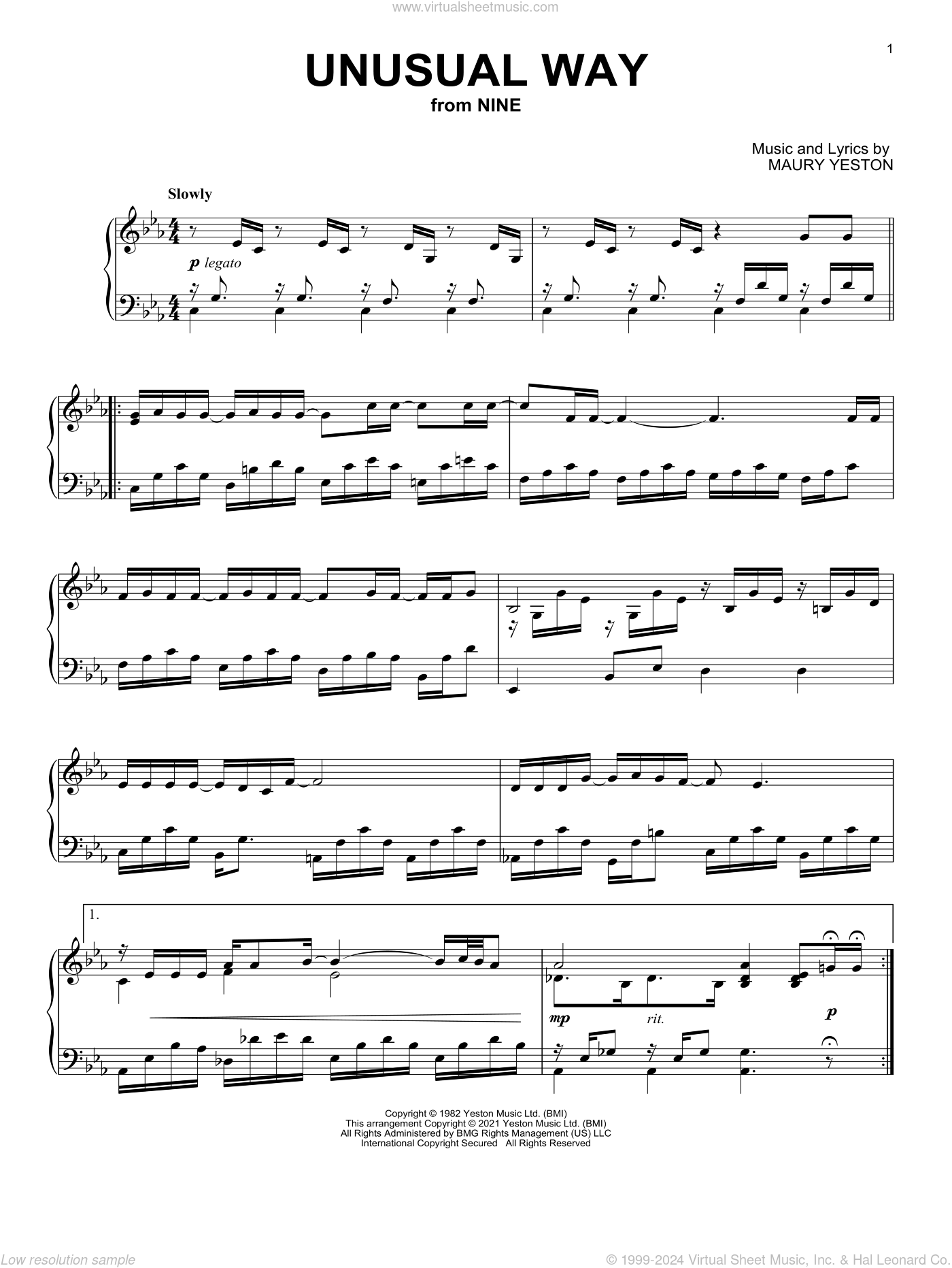 Unusual Way (from Nine) sheet music for piano solo (PDF)