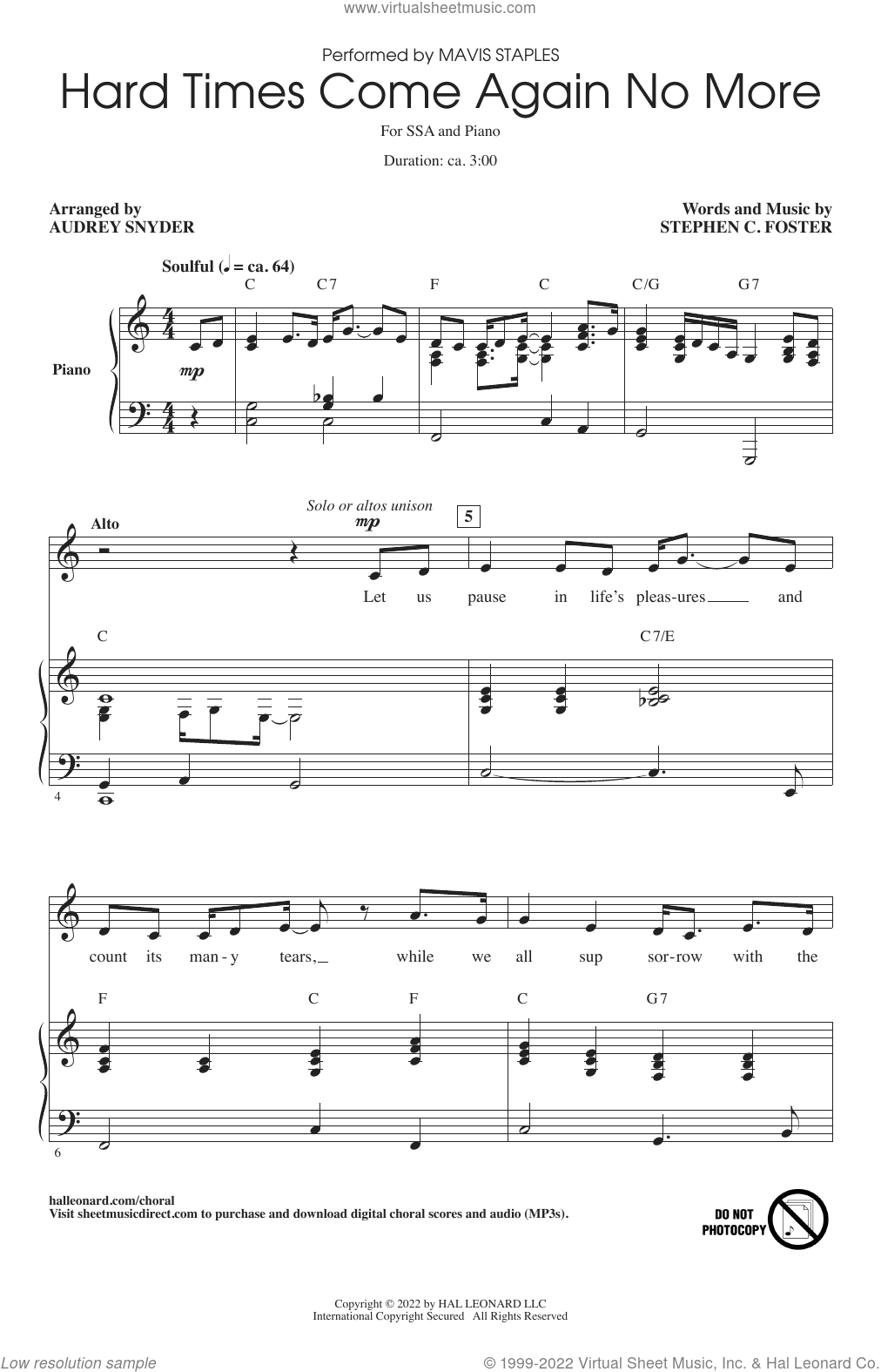 Hard Times Come Again No More (arr. Audrey Snyder) sheet music for ...