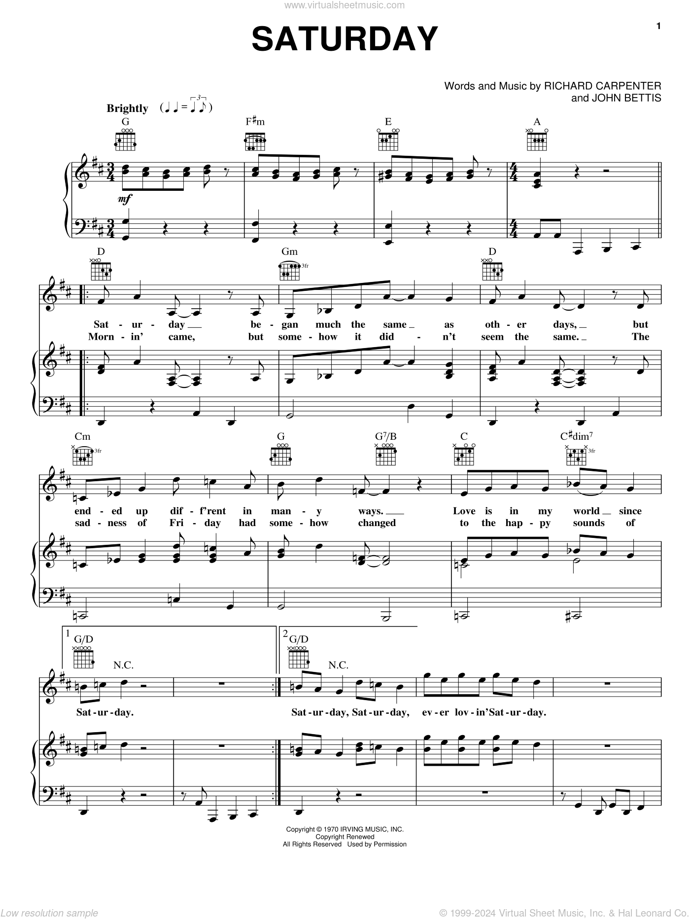 Saturday sheet music for voice, piano or guitar (PDF-interactive)