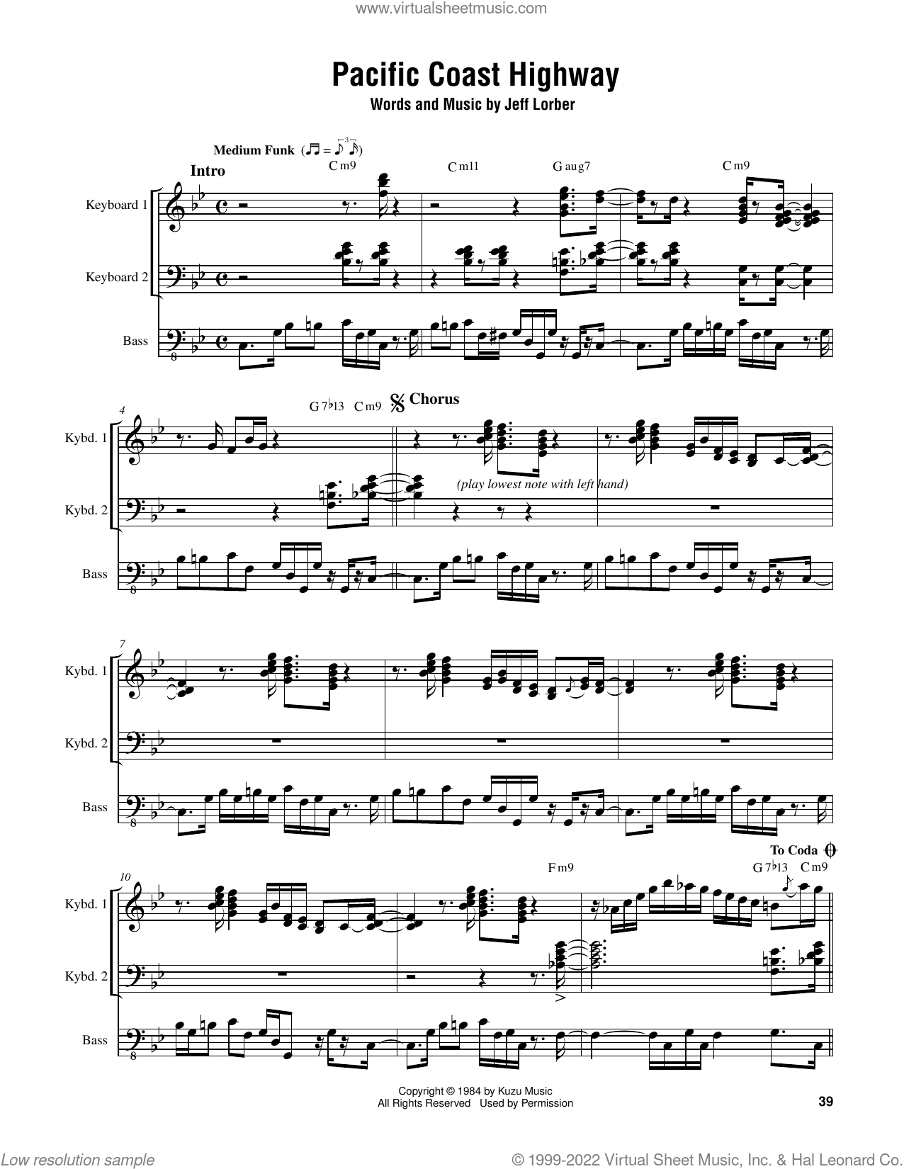 Pacific Coast Highway sheet music for piano solo (transcription)