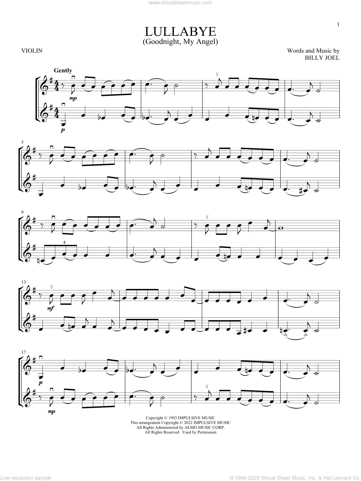 Lullabye (Goodnight, My Angel) sheet music for two violins (duets ...