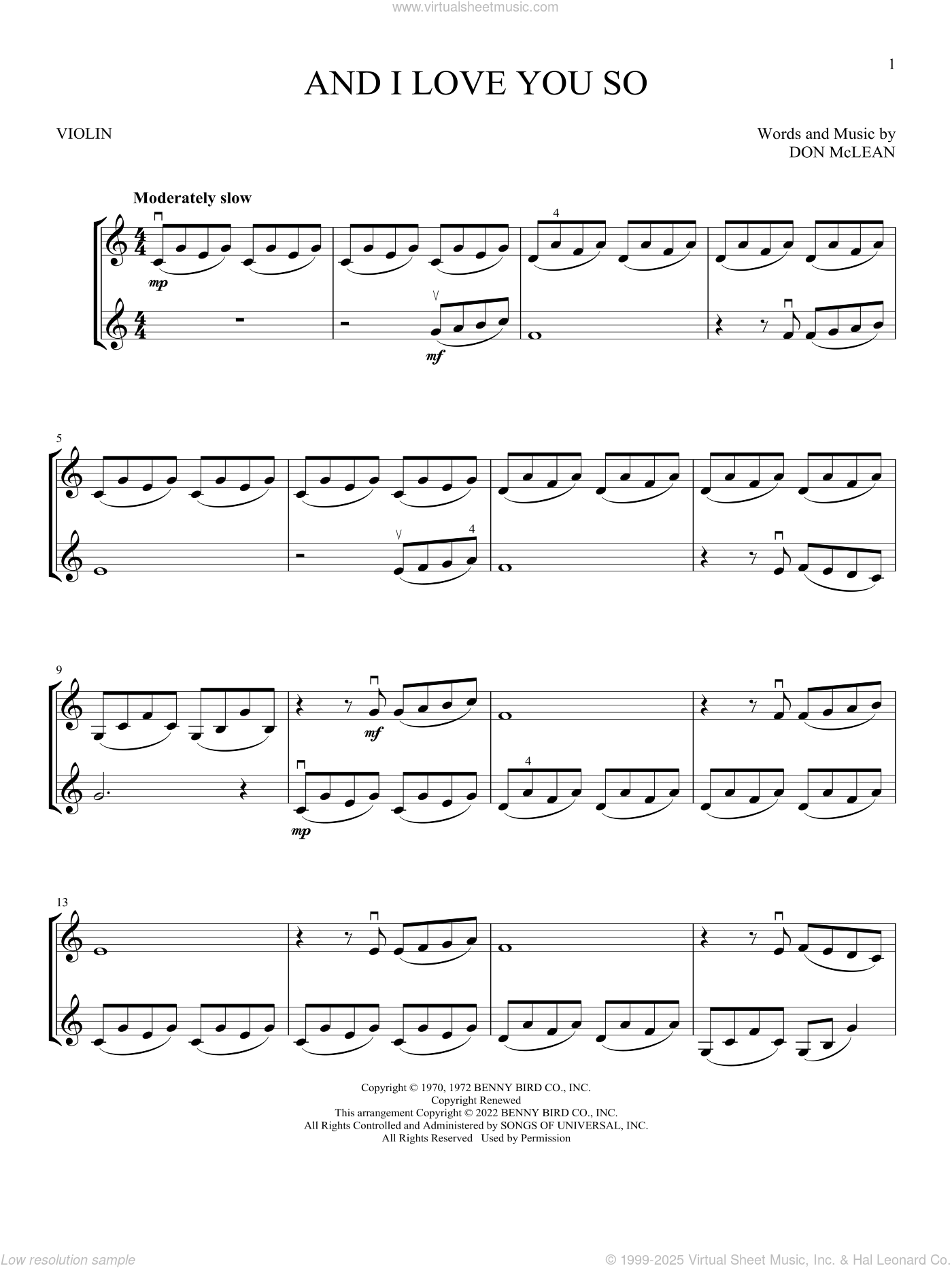 And I Love You So sheet music for two violins (duets, violin duets)