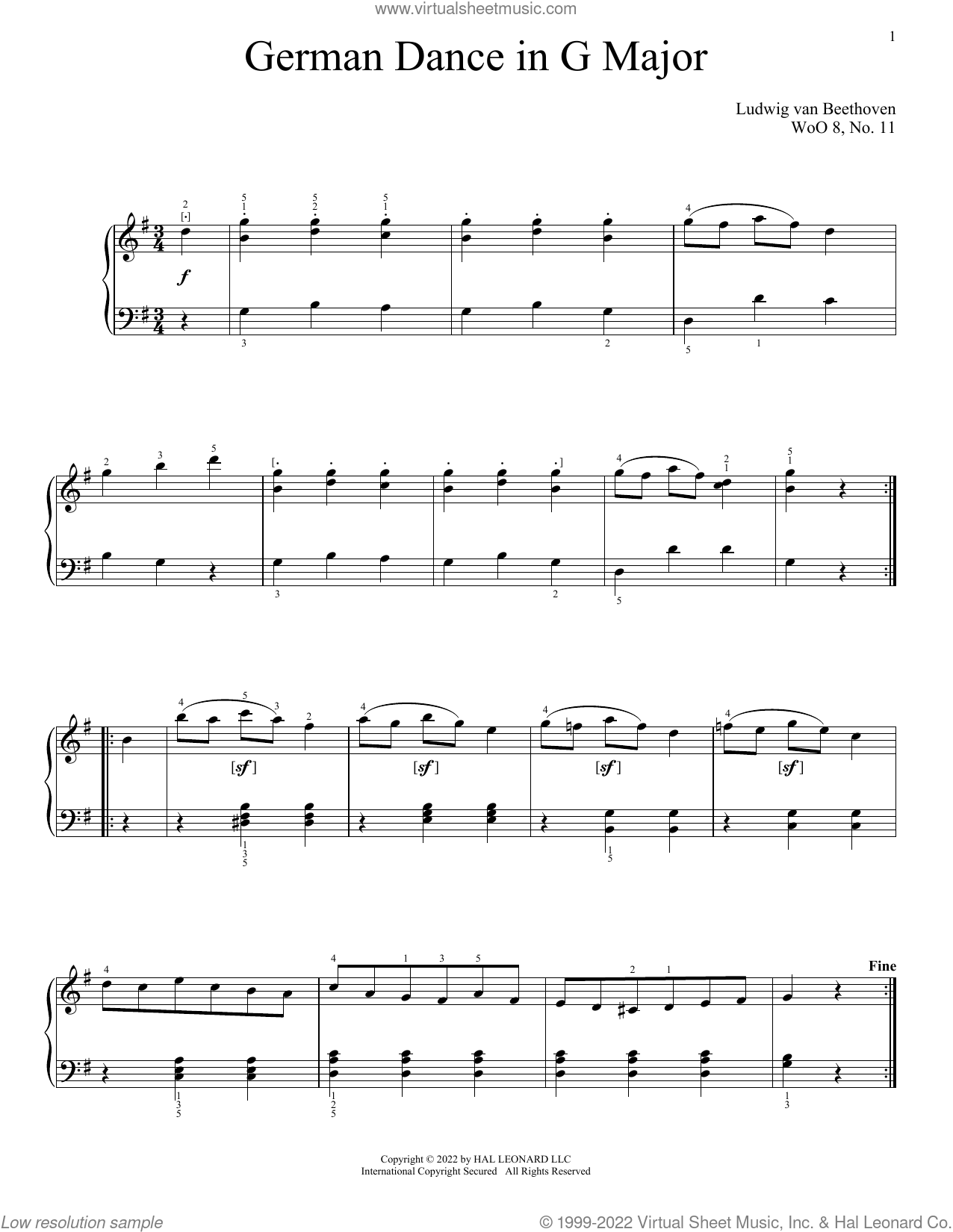 German Dance In G Major, WoO 8, No. 11 sheet music for piano solo