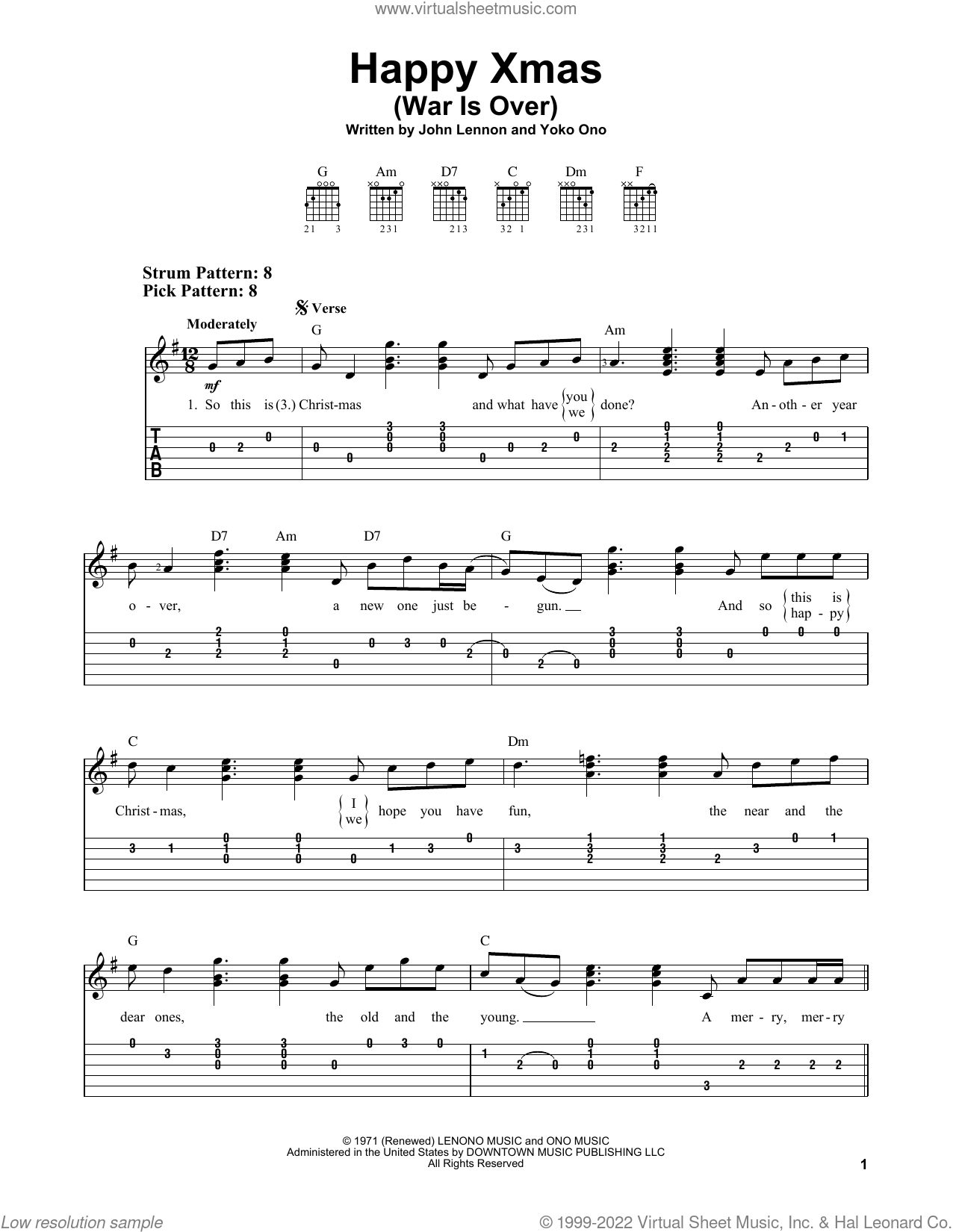 Happy Xmas (War Is Over) sheet music (easy) for guitar solo (easy ...