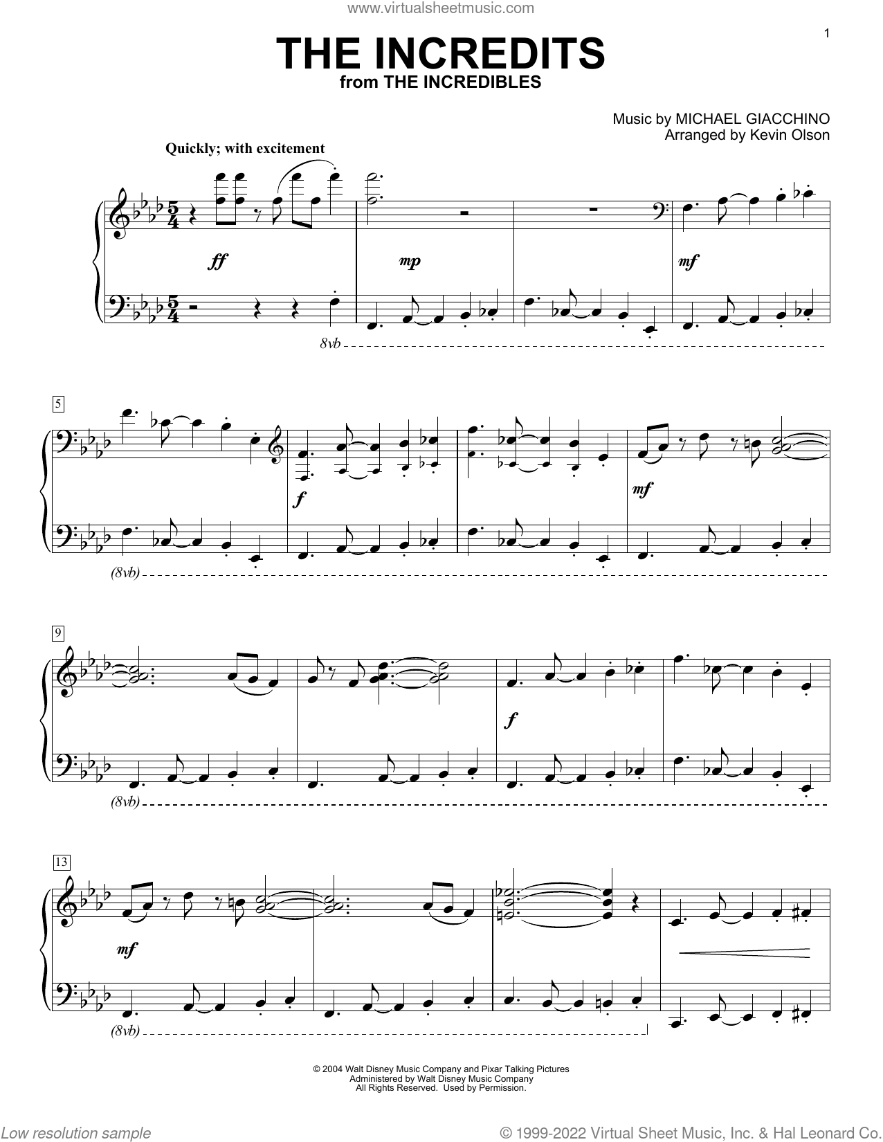 The Incredits (from The Incredibles) (arr. Kevin Olson) sheet music (E ...