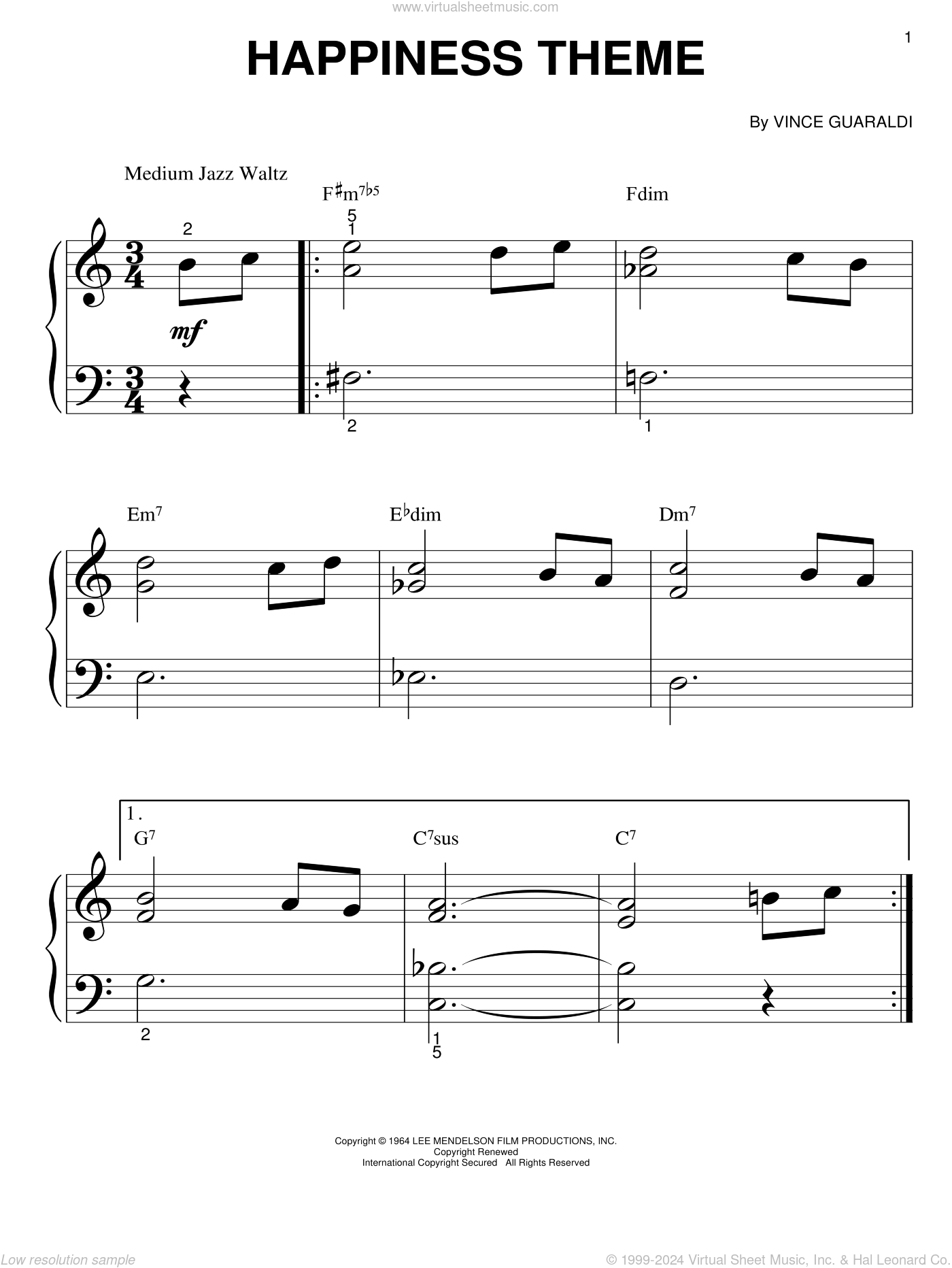 Happiness Theme sheet music for piano solo (big note book) (PDF)