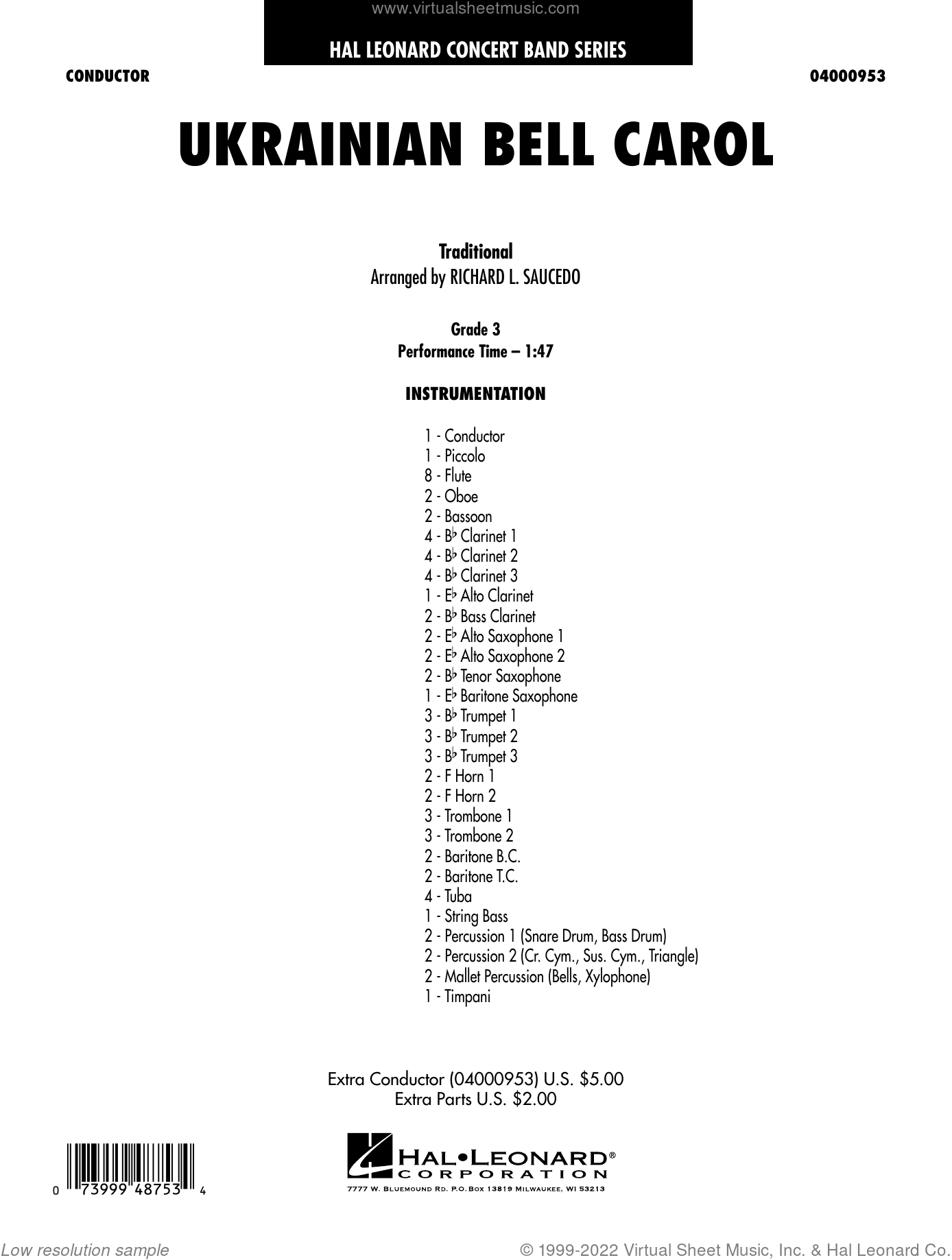 Ukrainian Bell Carol (arr. Richard L. Saucedo) sheet music (complete collection) for concert band