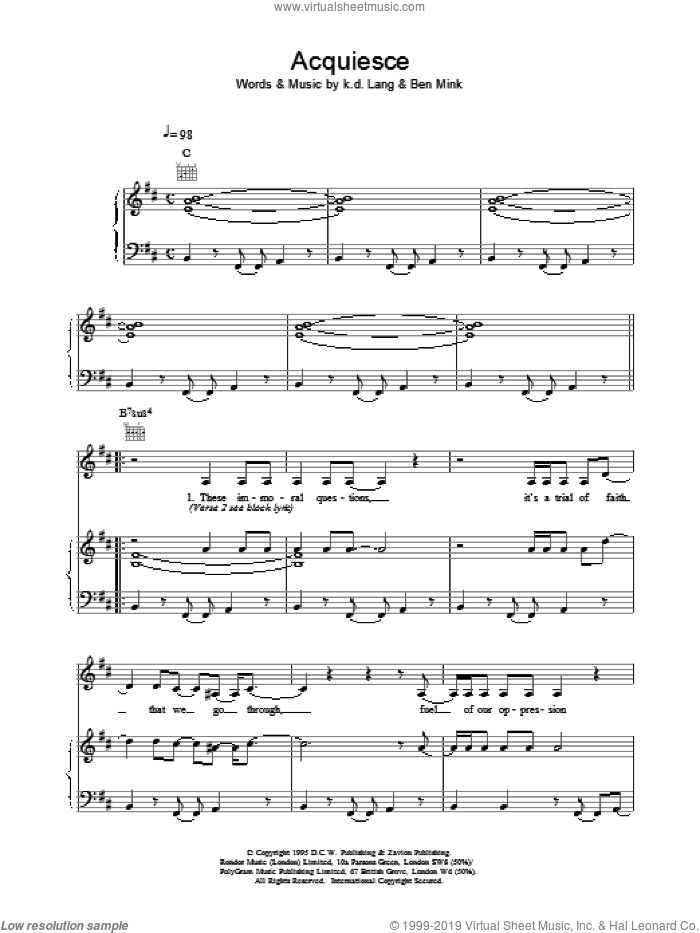K.D. Lang: Acquiesce sheet music for voice, piano or guitar (PDF)