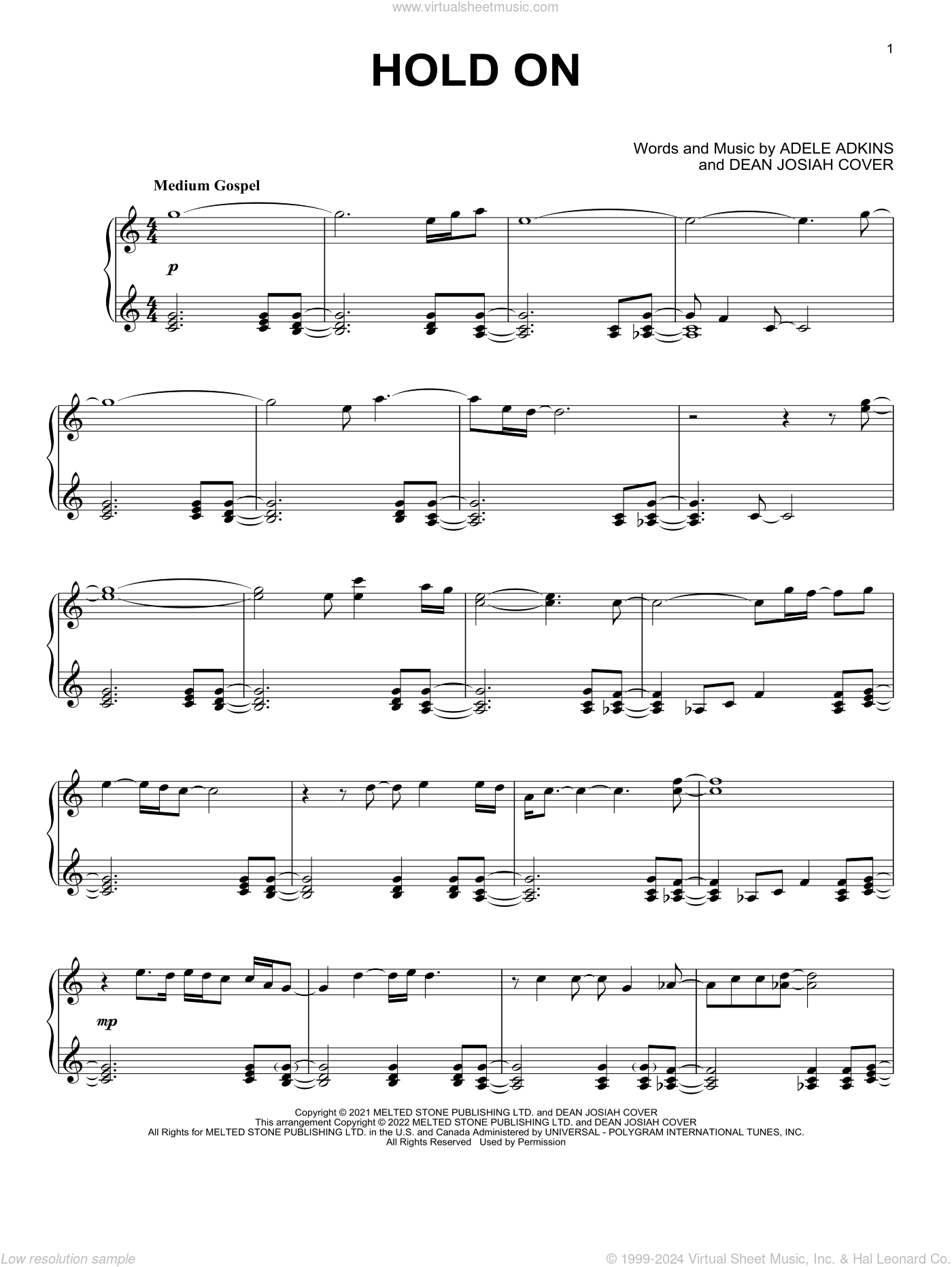 Hold On, (intermediate) sheet music for piano solo (PDF)