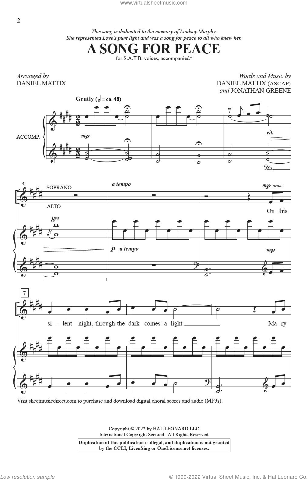 A Song For Peace (arr. Daniel Mattix) sheet music for choir (SATB ...