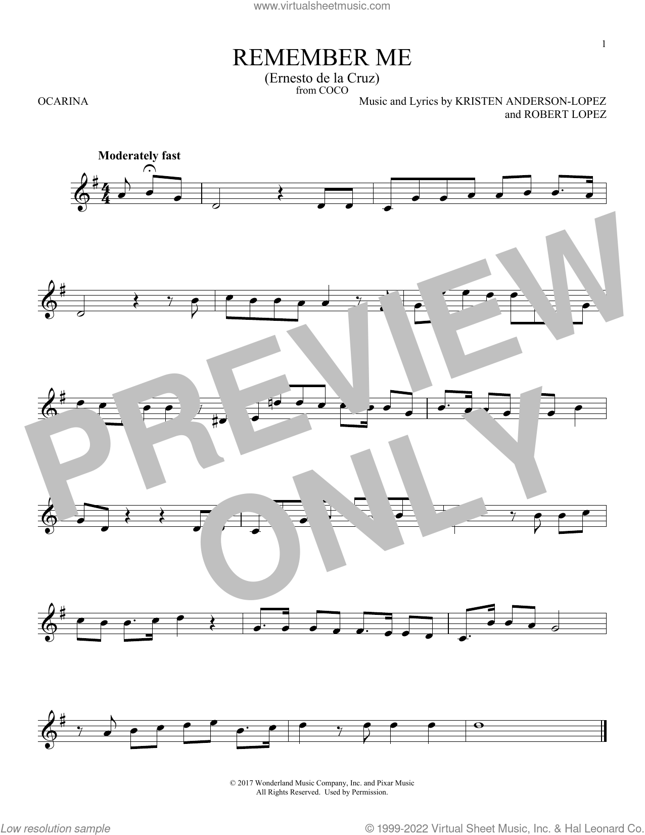 Remember Me (Ernesto de la Cruz) (from Coco) sheet music for ocarina solo