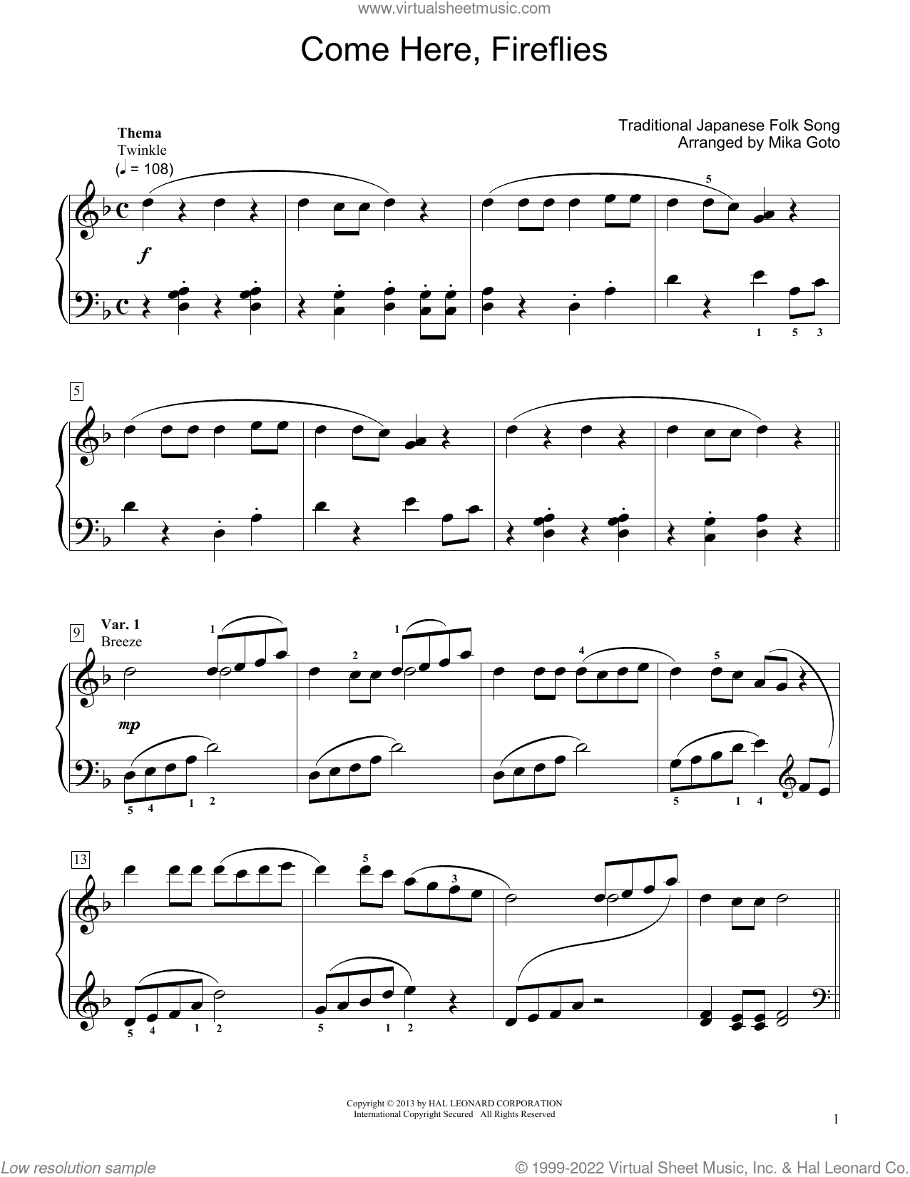 Come Here, Fireflies (arr. Mika Goto) sheet music for piano solo ...