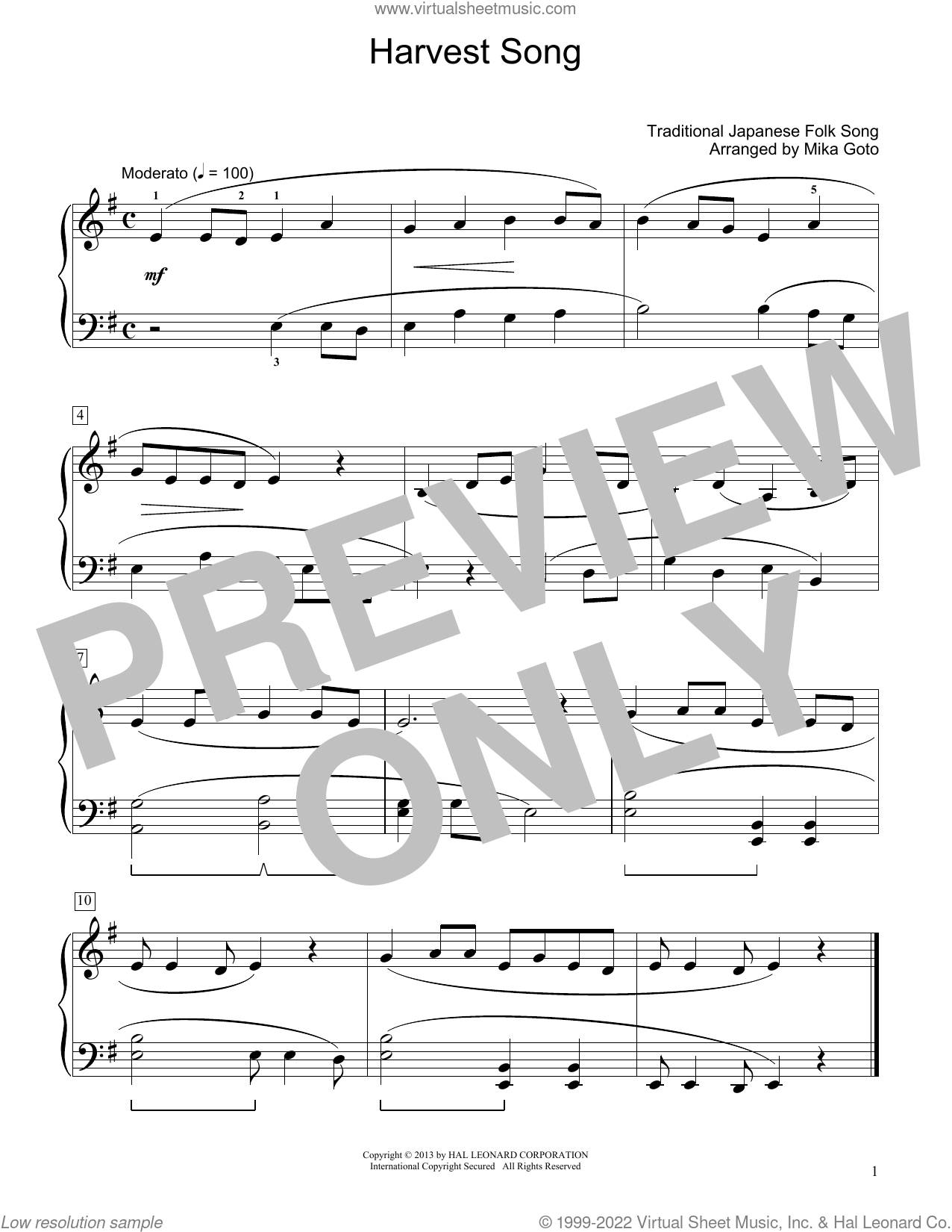 Harvest Song (arr. Mika Goto) sheet music for piano solo (elementary)