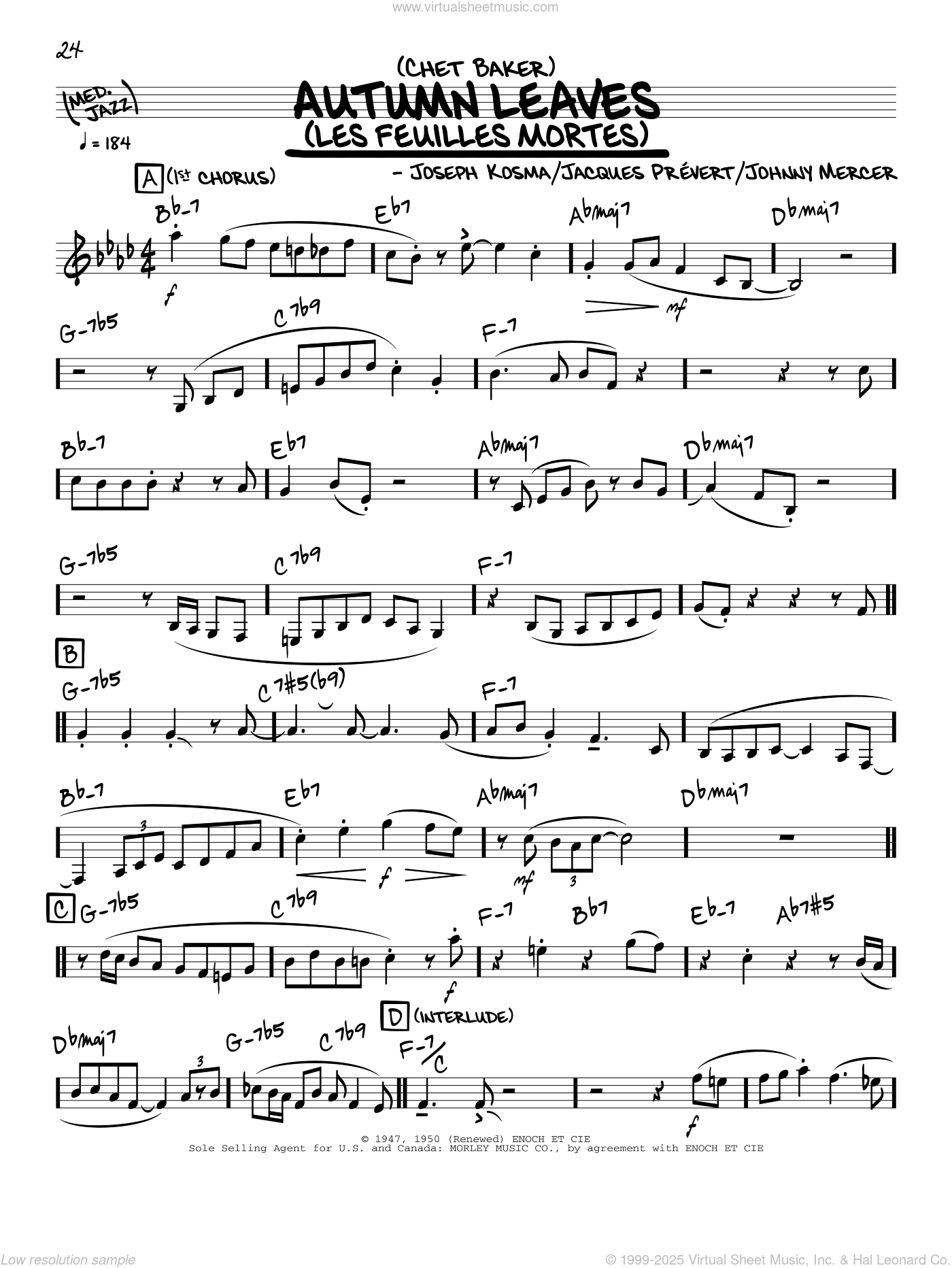 Autumn Leaves (solo only) sheet music (real book - melody and chords ...