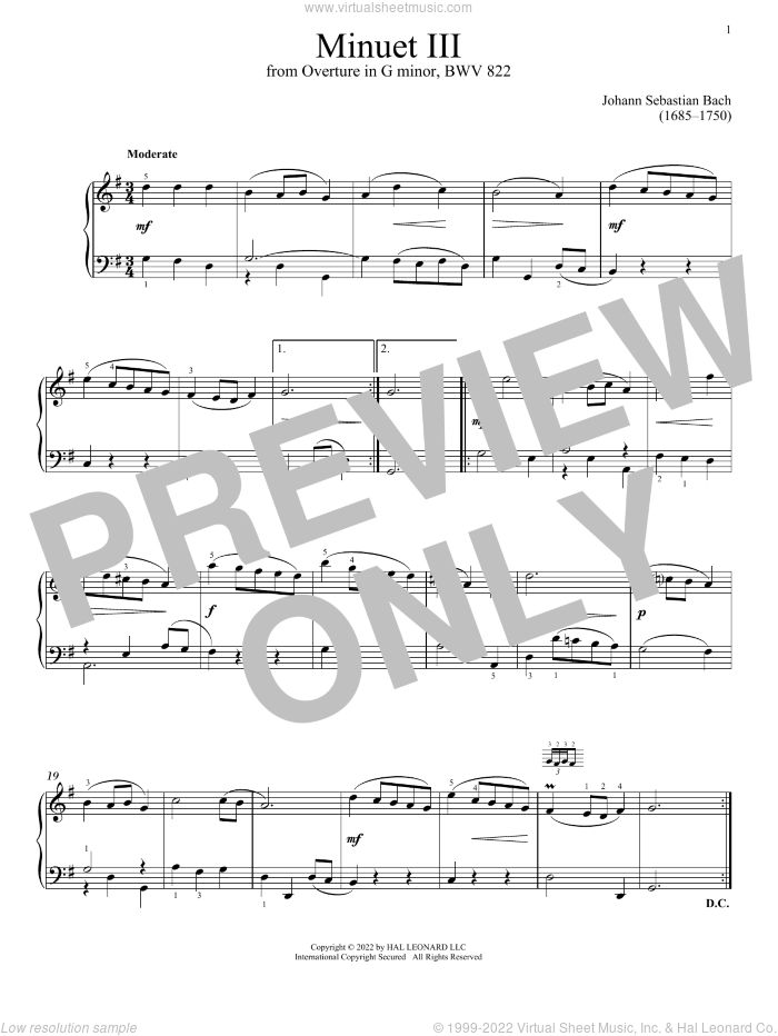 Minuet III In G Minor, BWV 822 sheet music for piano solo (PDF)