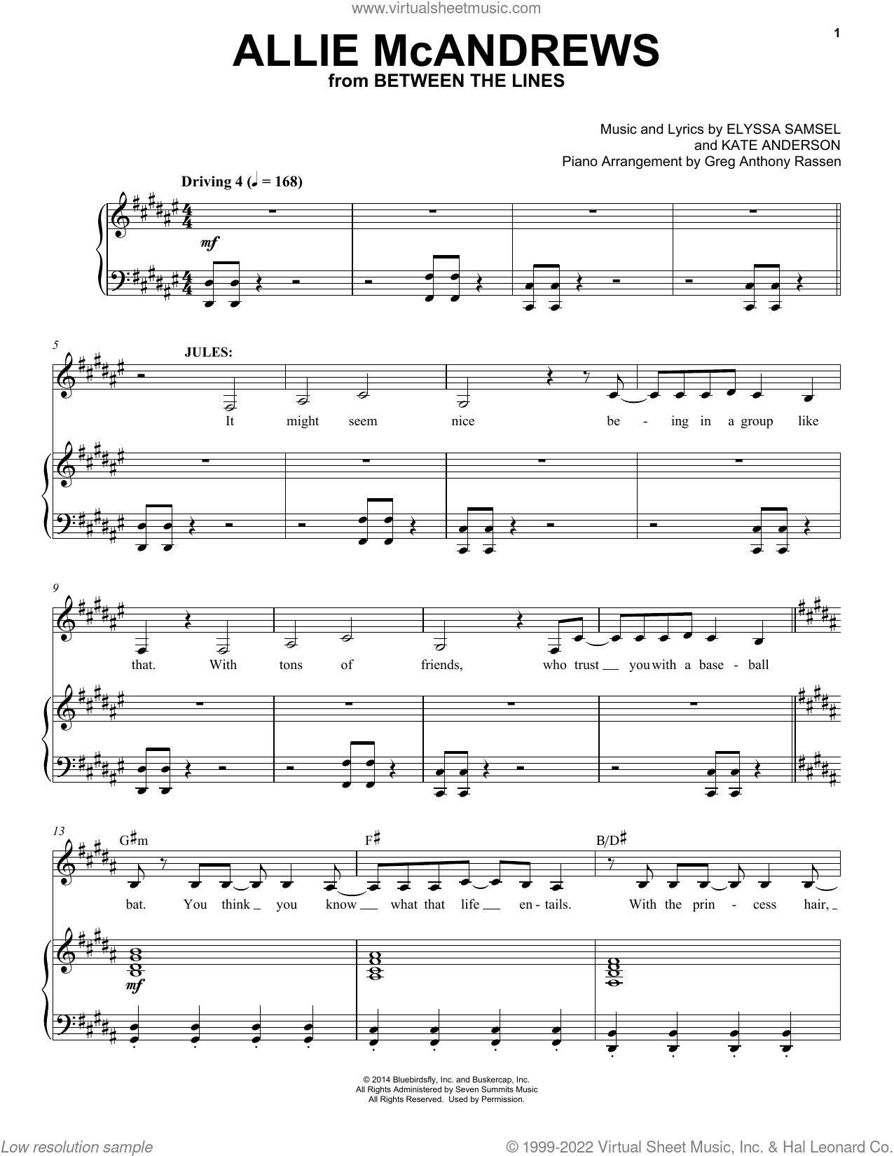 Allie McAndrews (from Between The Lines) sheet music for voice and piano
