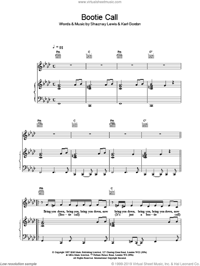 Bootie Call sheet music for voice, piano or guitar (PDF)