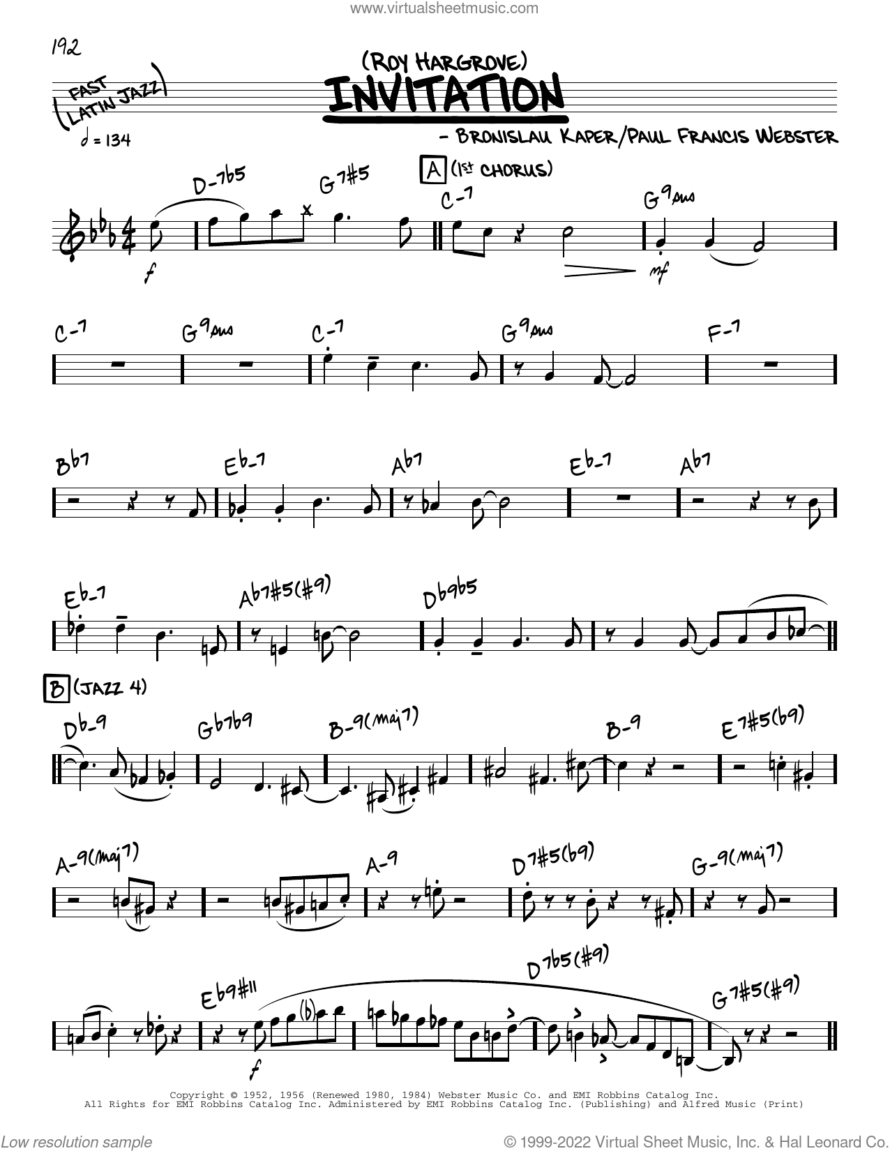 Invitation (solo only) sheet music (real book - melody and chords ...