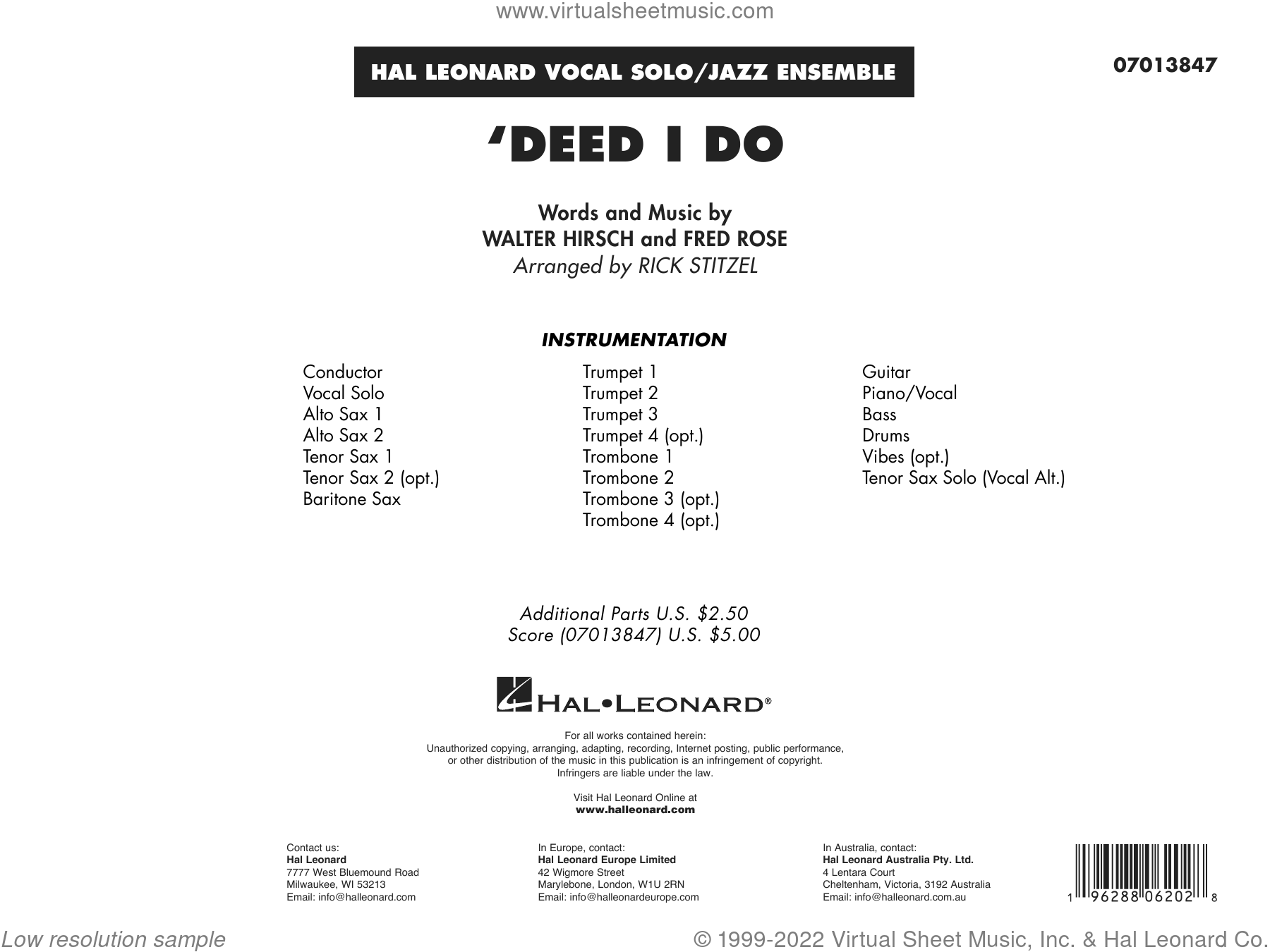 'Deed I Do (arr. Rick Stitzel) sheet music (complete collection) for ...
