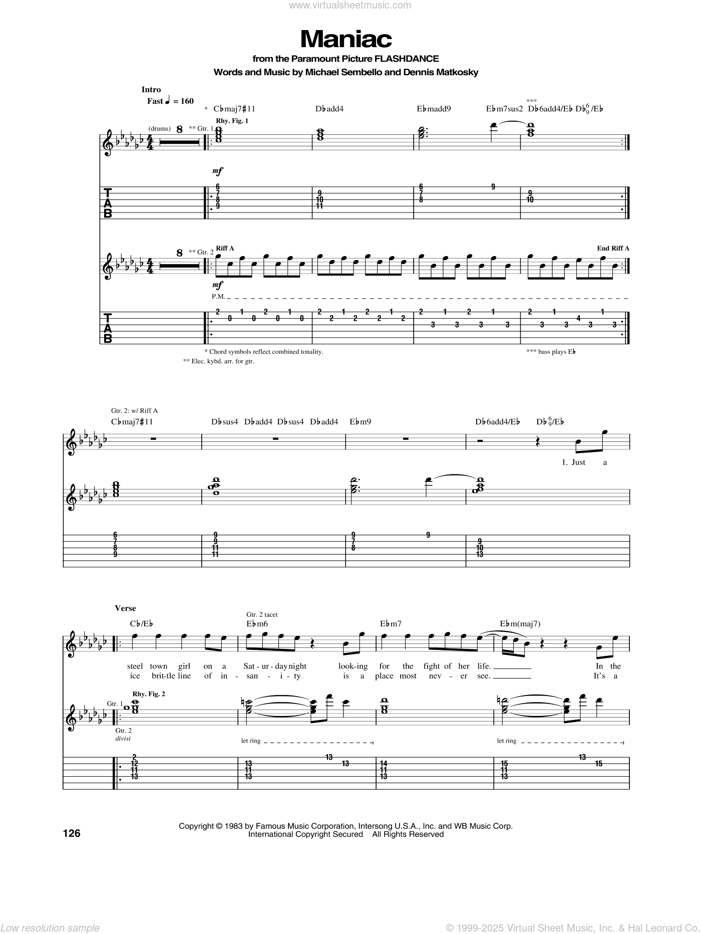 Maniac sheet music for guitar (tablature) (PDF)