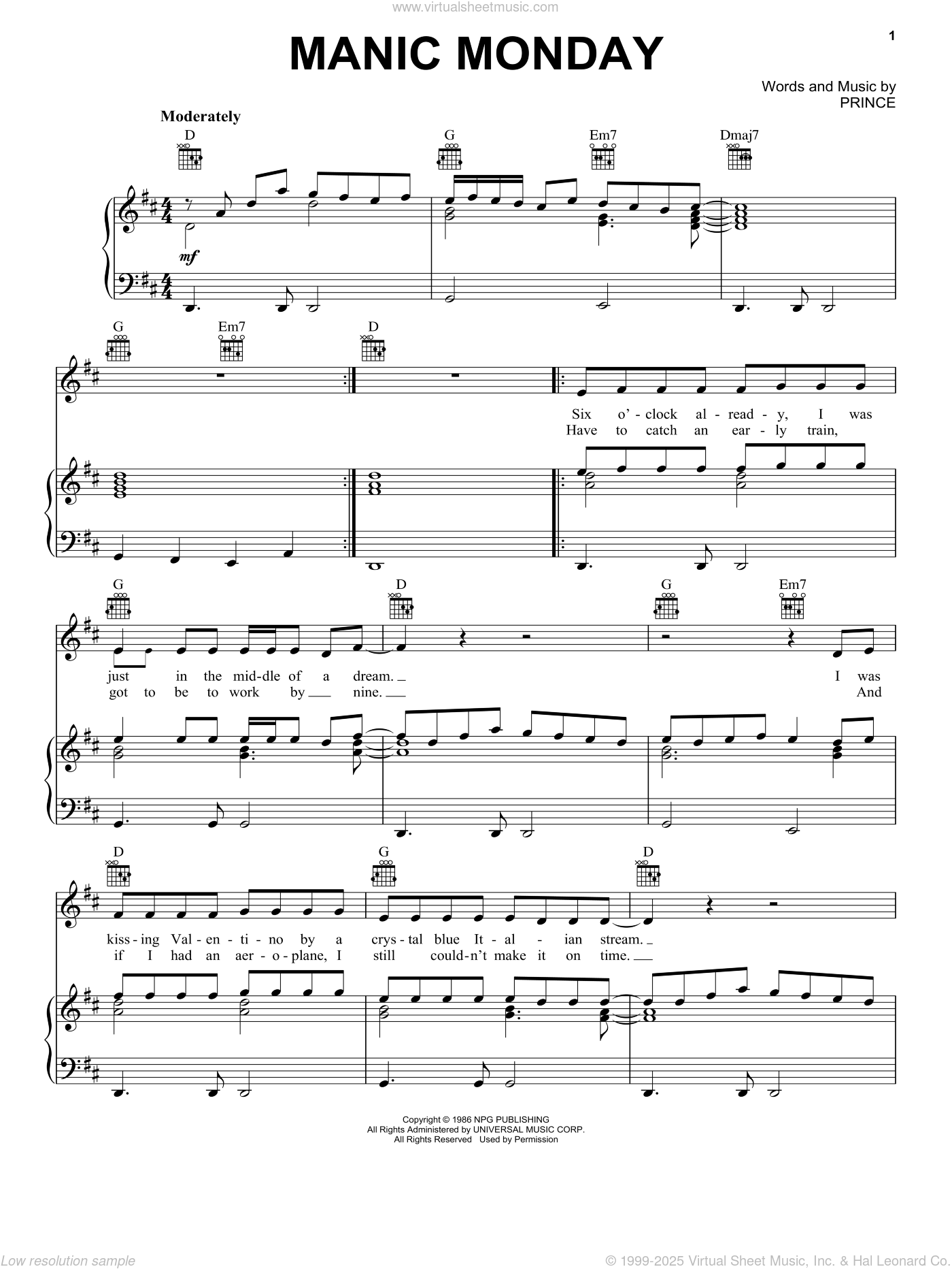 Manic Monday sheet music for voice, piano or guitar (PDF)