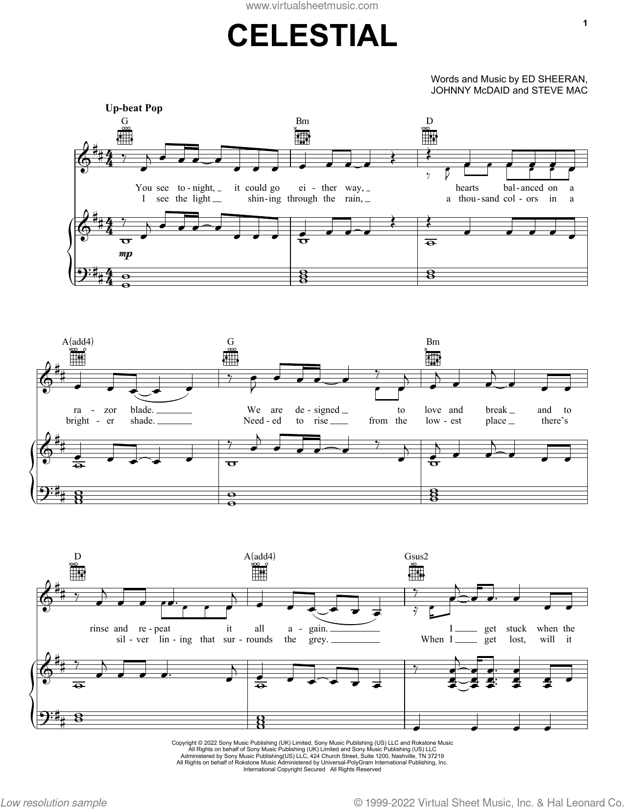Celestial sheet music for voice, piano or guitar (PDF)