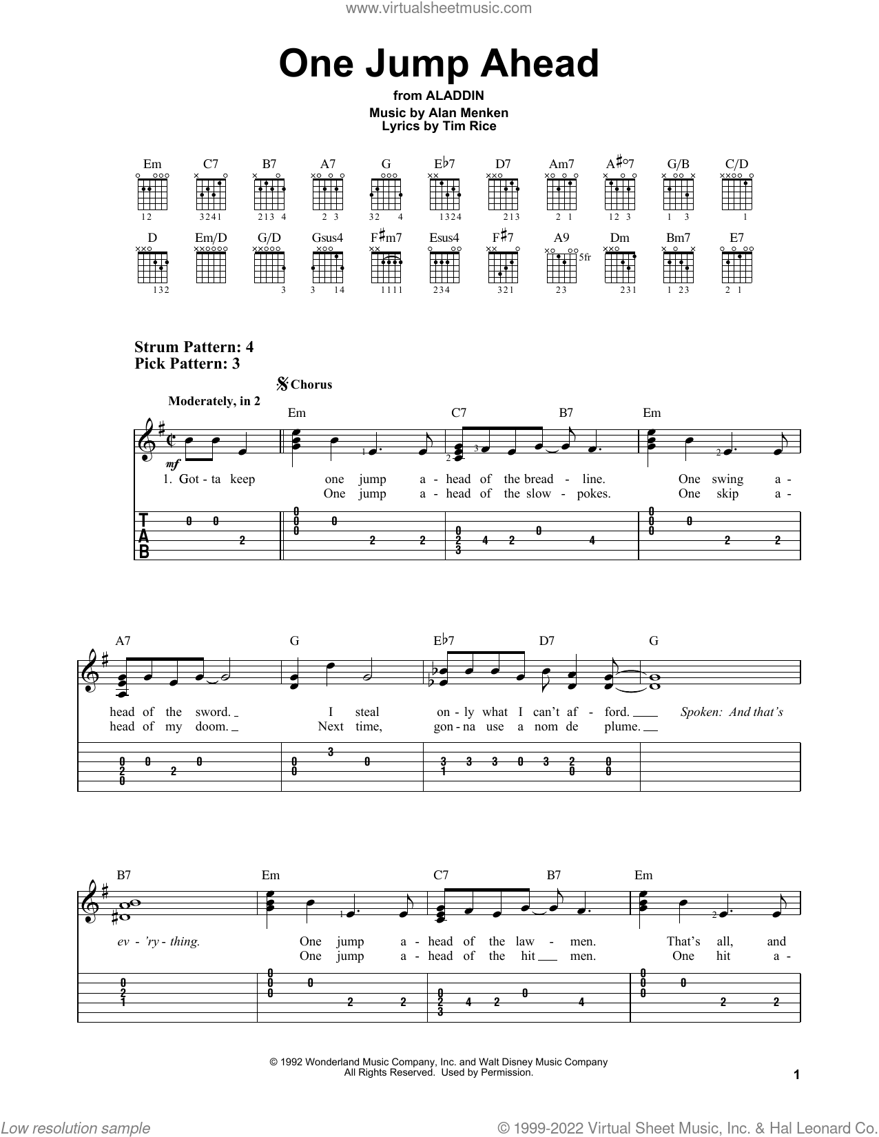 One Jump Ahead (from Aladdin) sheet music for guitar solo (easy tablature)