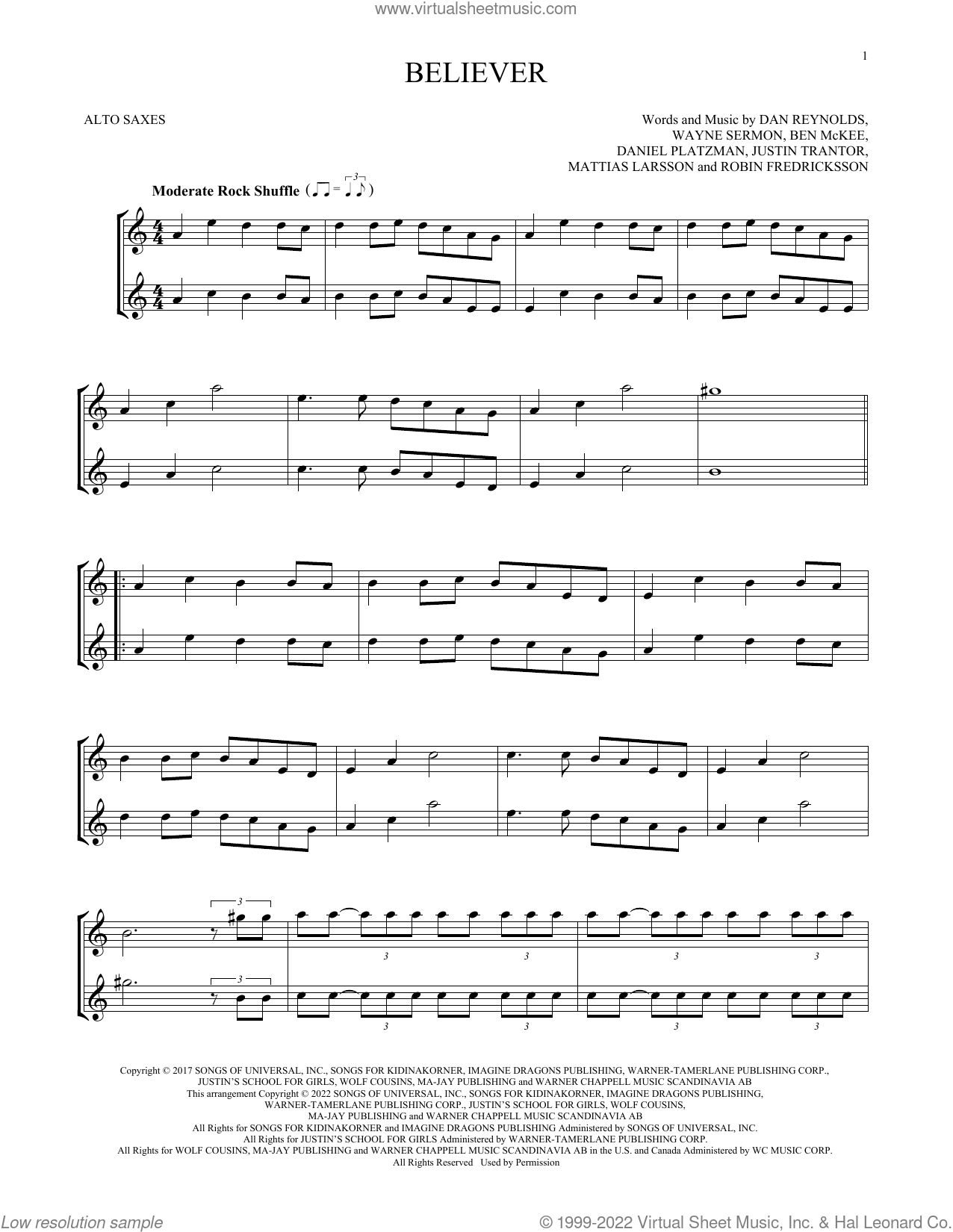Believer sheet music for two alto saxophones (duets) (PDF)