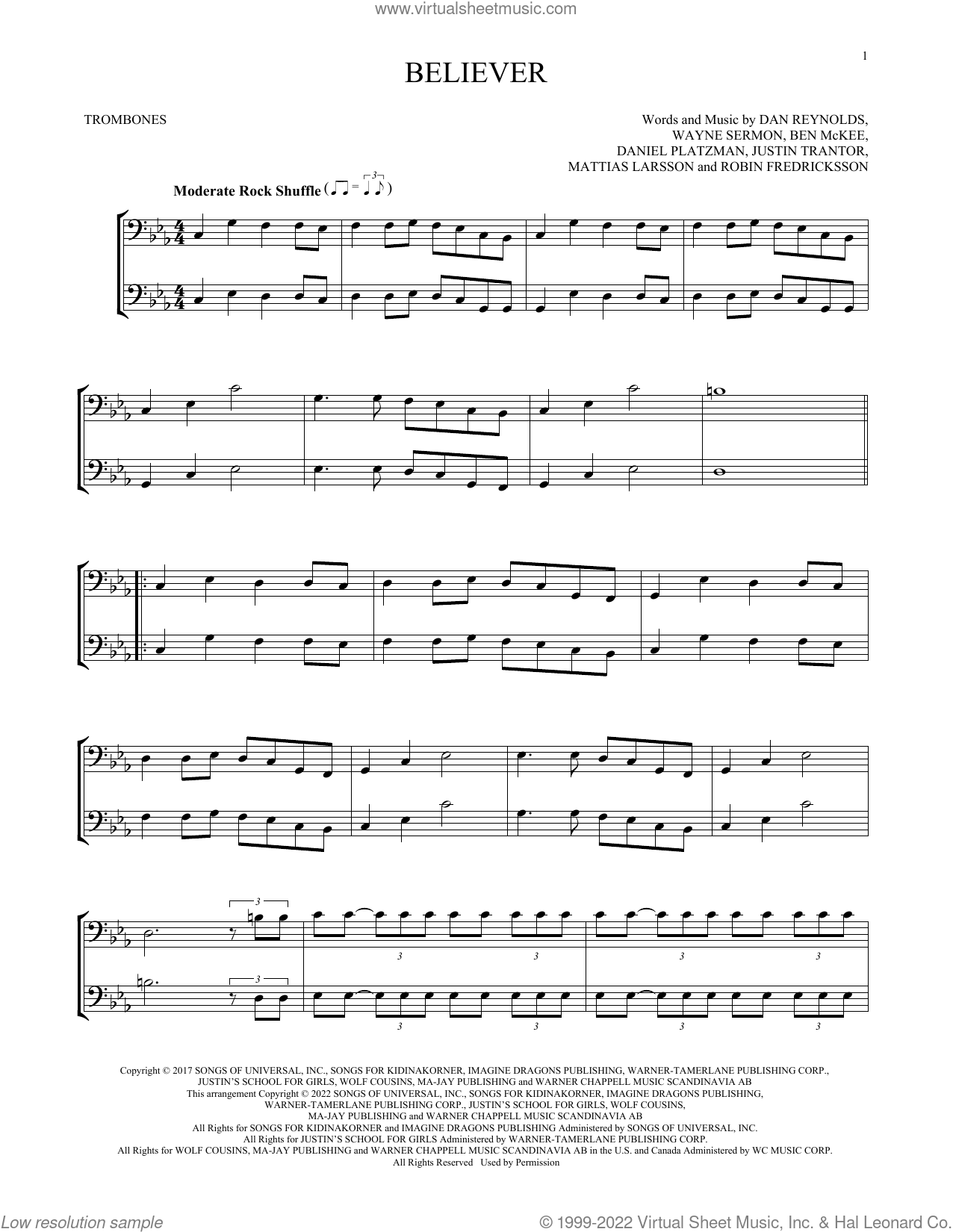 Believer sheet music for two trombones (duet, duets) (PDF)