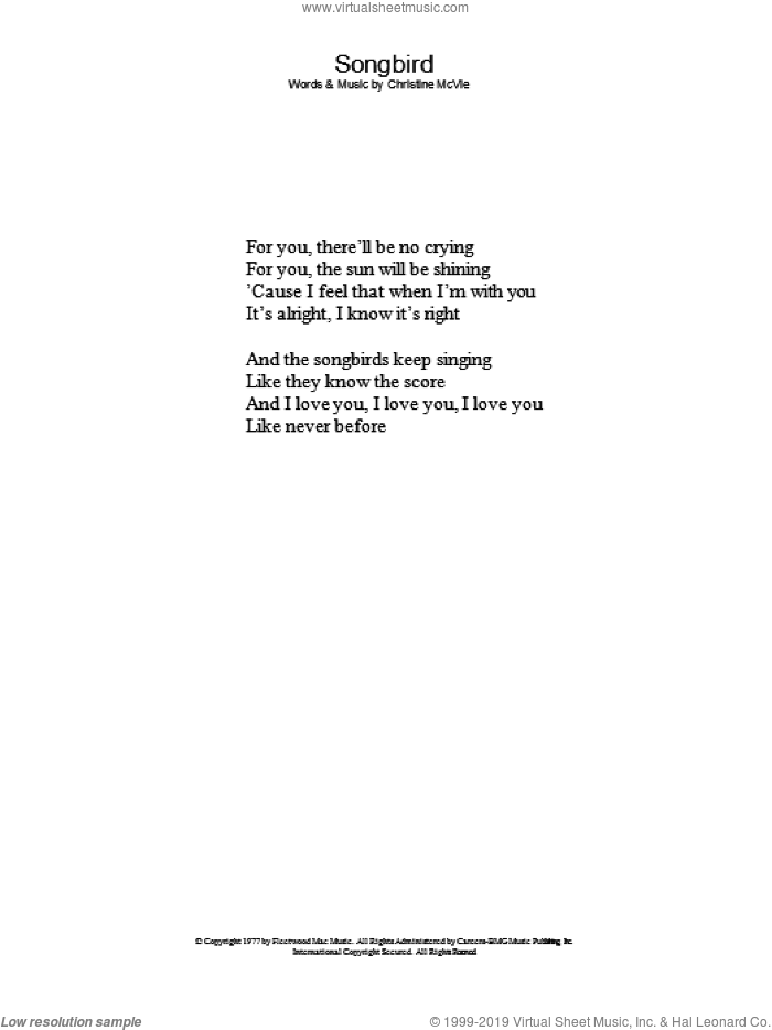 Eva Cassidy: Songbird sheet music (lyrics only) (PDF)