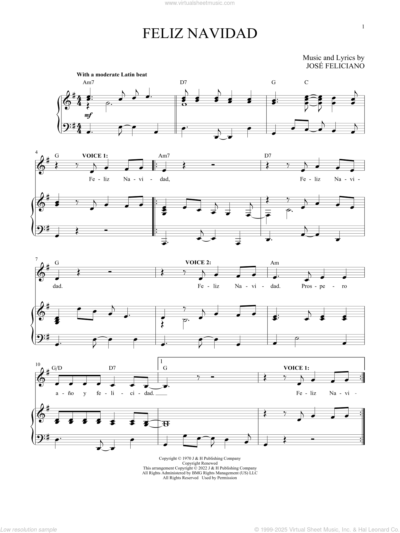 Feliz Navidad sheet music for two voices and piano (PDF)