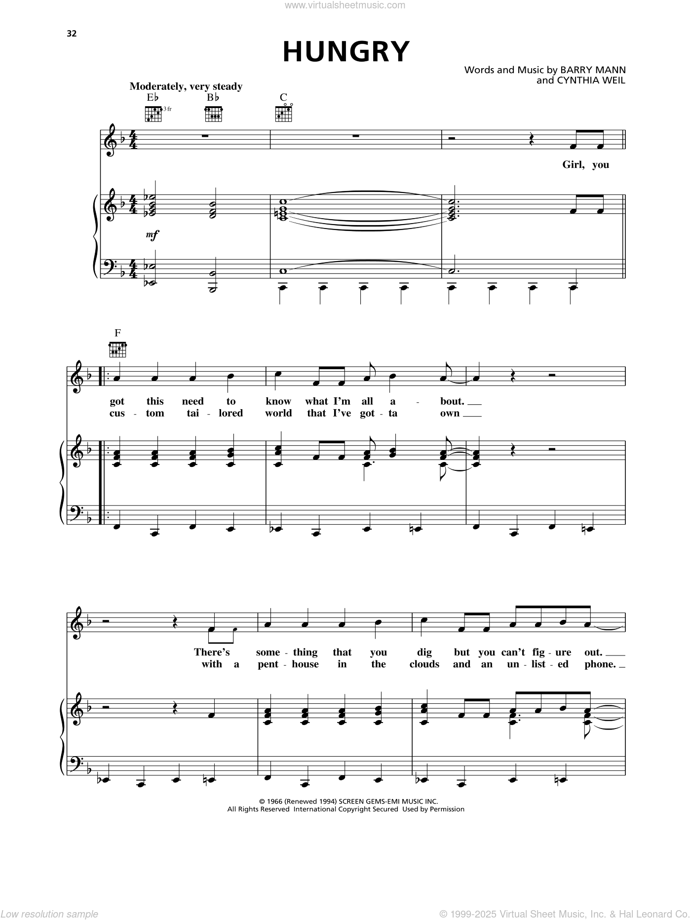 Hungry sheet music for voice, piano or guitar (PDF)