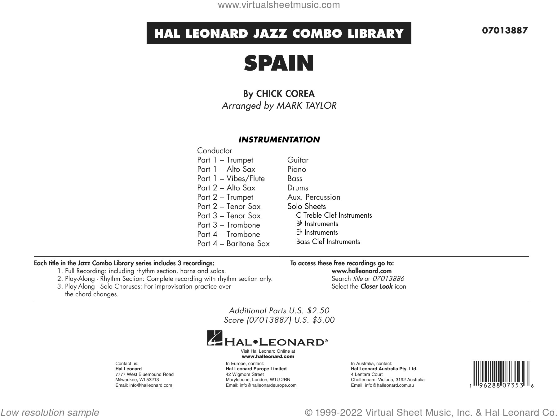 Spain (arr. Mark Taylor) sheet music (complete collection) for jazz band