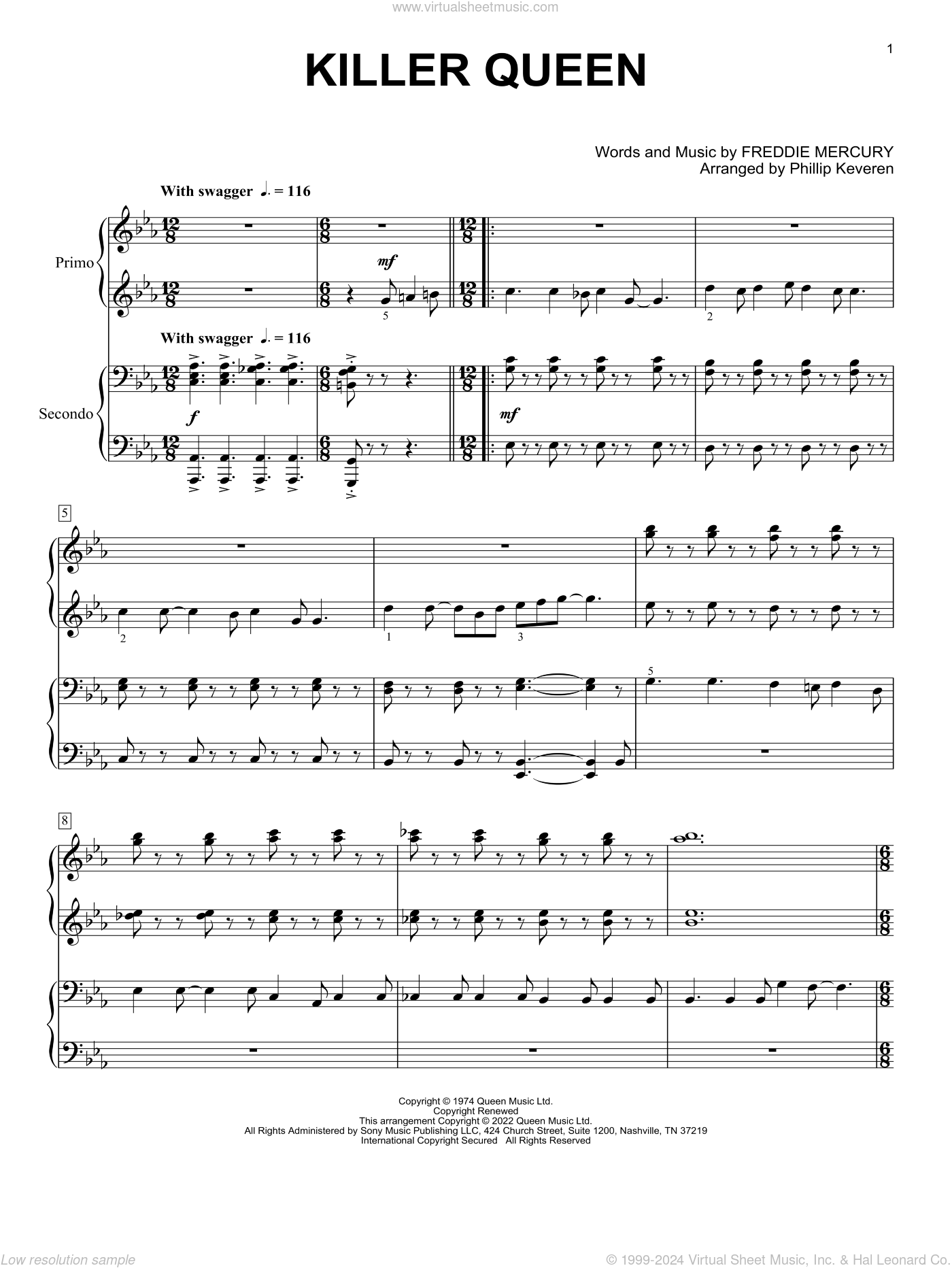 Killer Queen (arr. Phillip Keveren) sheet music for piano four hands