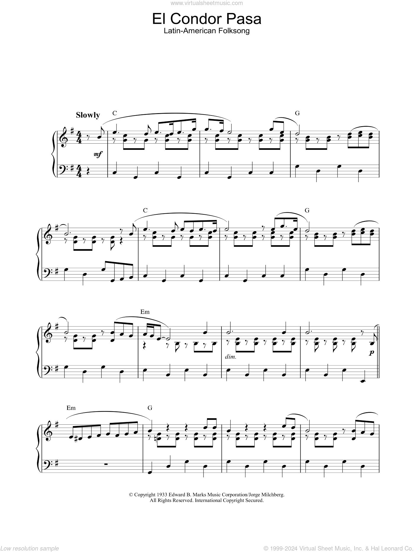 El Condor Pasa sheet music for piano solo (PDF)
