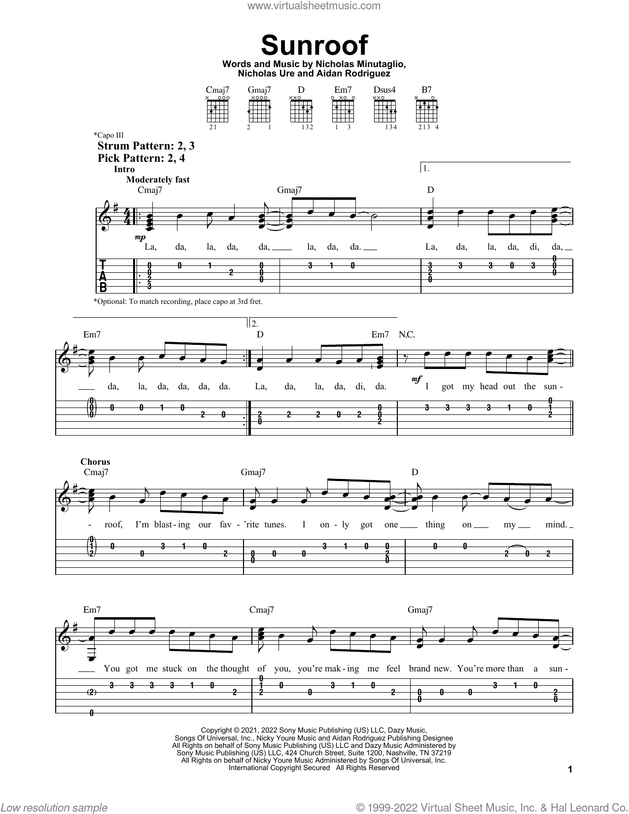 Sunroof sheet music for guitar solo (easy tablature) (PDF)