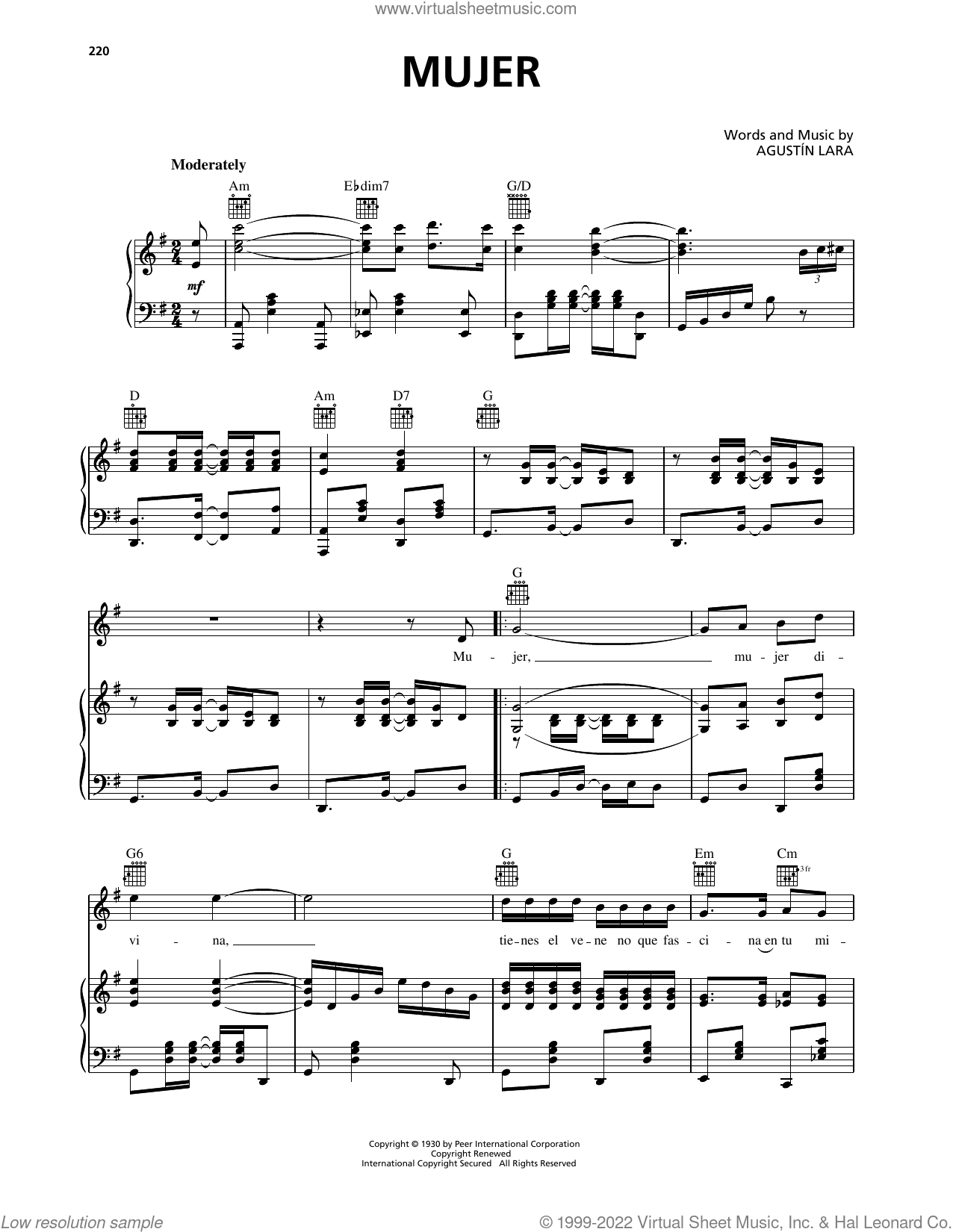 Agustin Lara: Mujer sheet music for voice, piano or guitar (PDF)