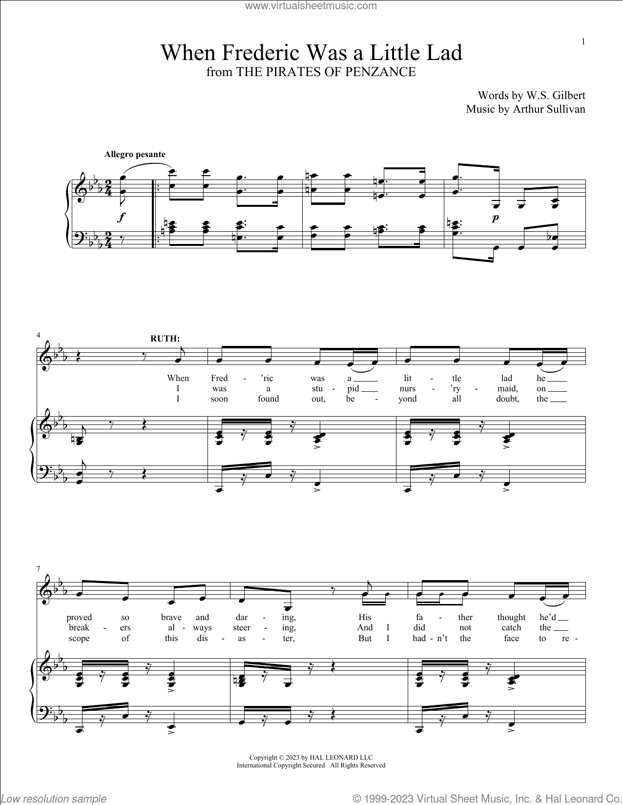 When Frederic Was A Little Lad (from The Pirates Of Penzance) sheet ...