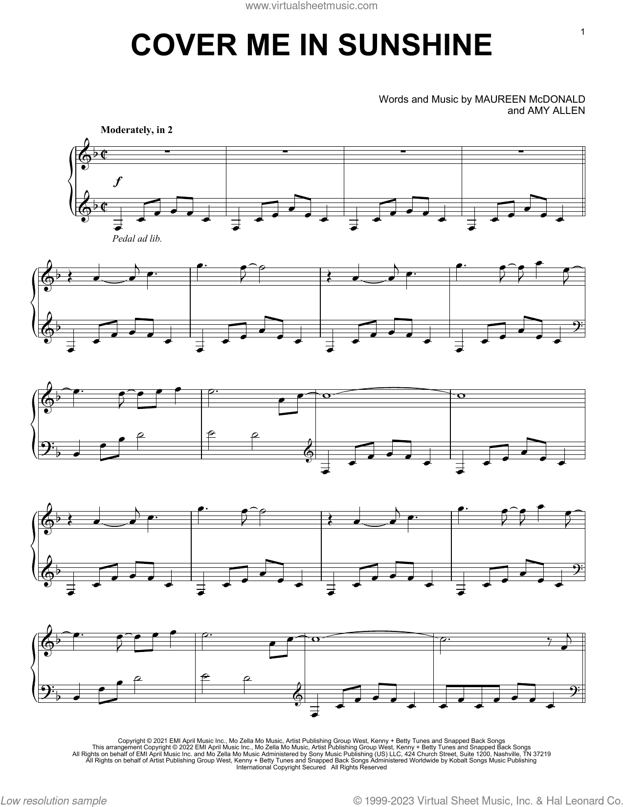 P!nk and Willow Sage Hart: Cover Me In Sunshine sheet music for piano solo