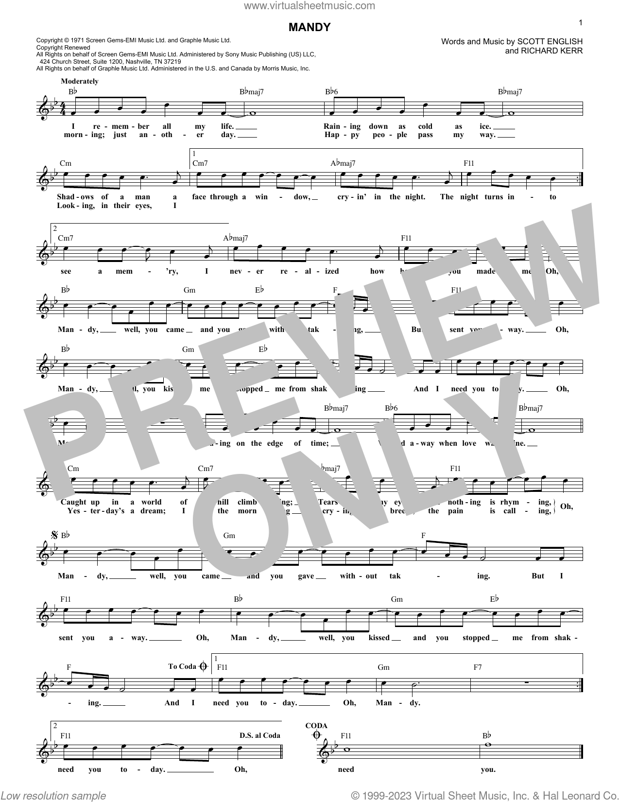 Mandy sheet music (fake book, (intermediate) (fake book) (PDF)