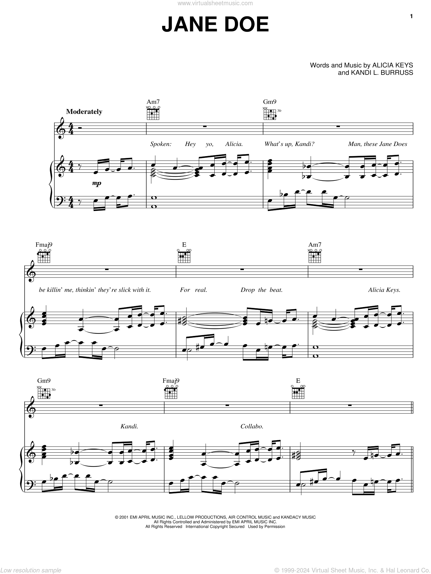 Jane Doe sheet music for voice, piano or guitar (PDF-interactive)