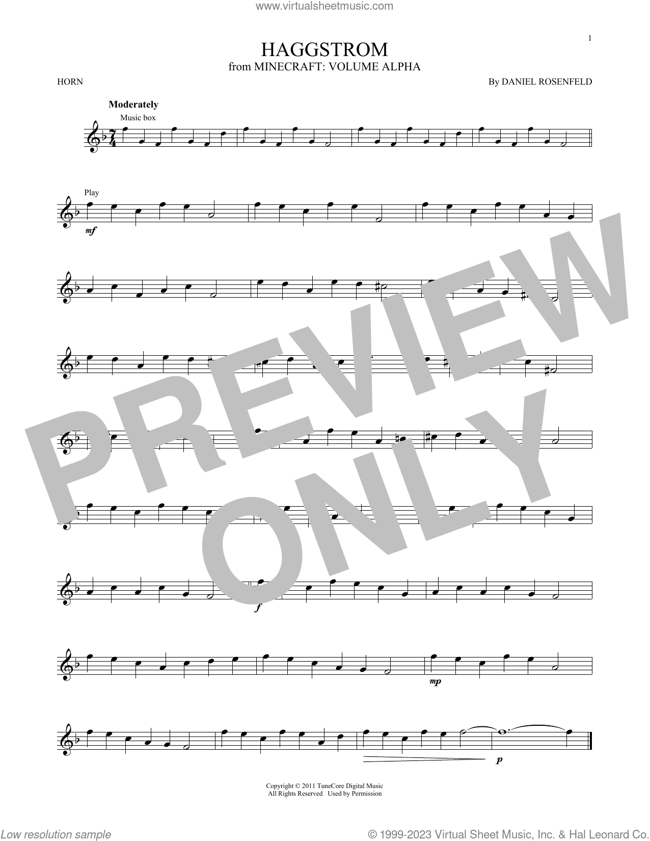 Haggstrom (from Minecraft) sheet music for horn solo (PDF)