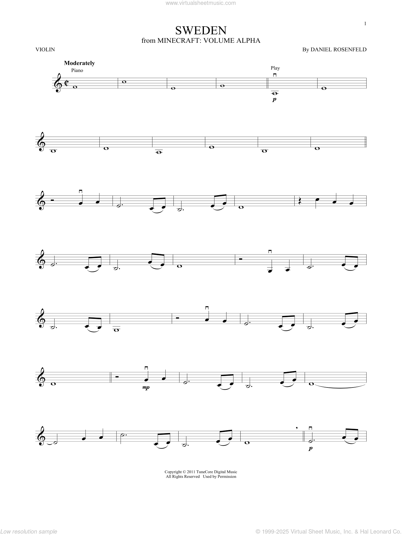 Sweden (from Minecraft) sheet music for violin solo (PDF)