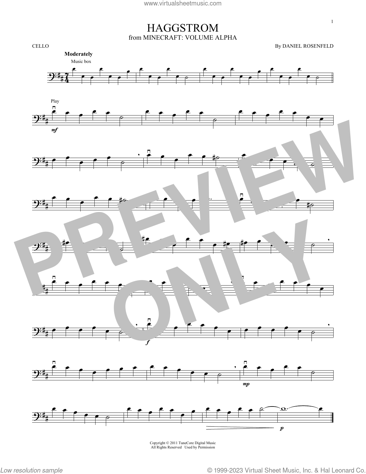 Haggstrom (from Minecraft) sheet music for cello solo (PDF)