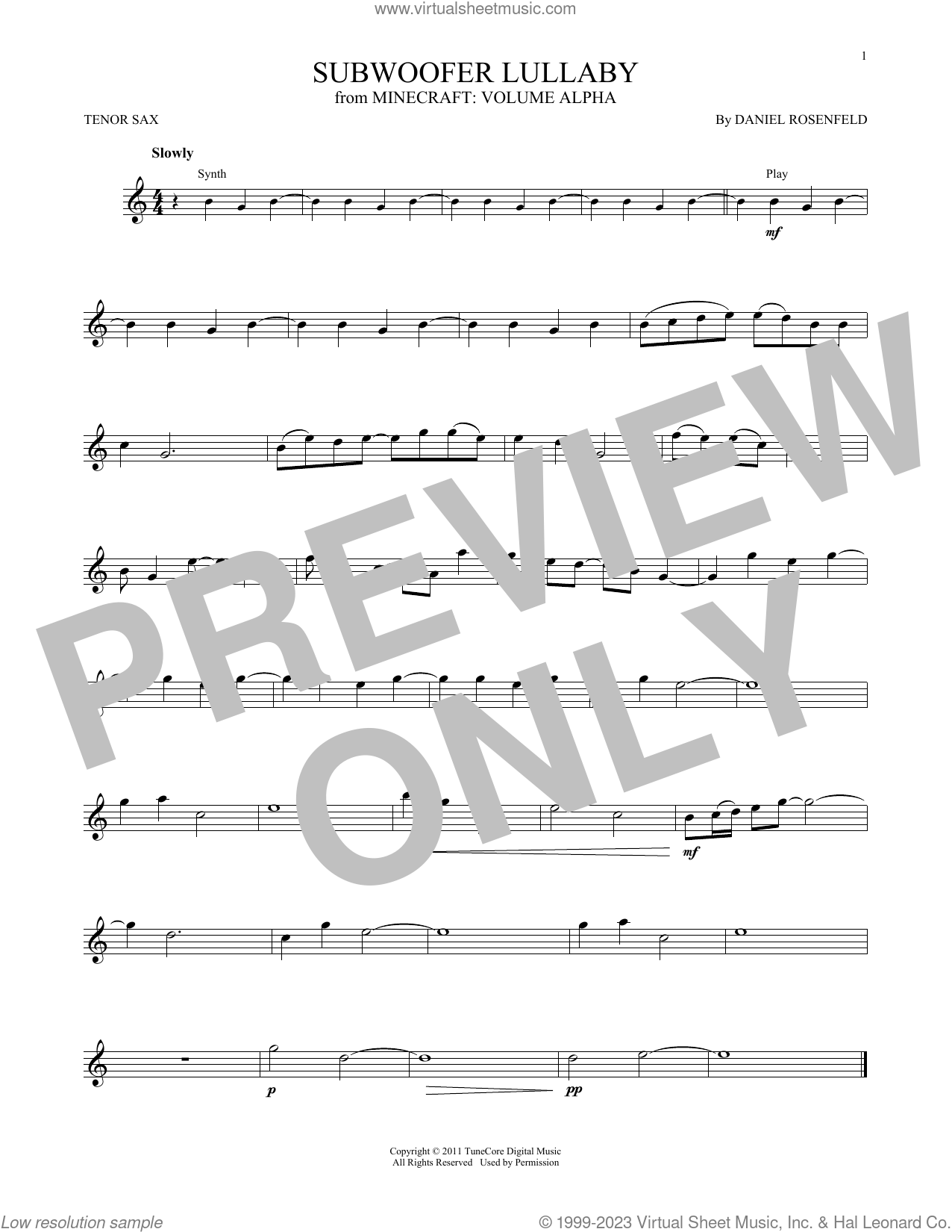 Subwoofer Lullaby (from Minecraft) sheet music for tenor saxophone solo