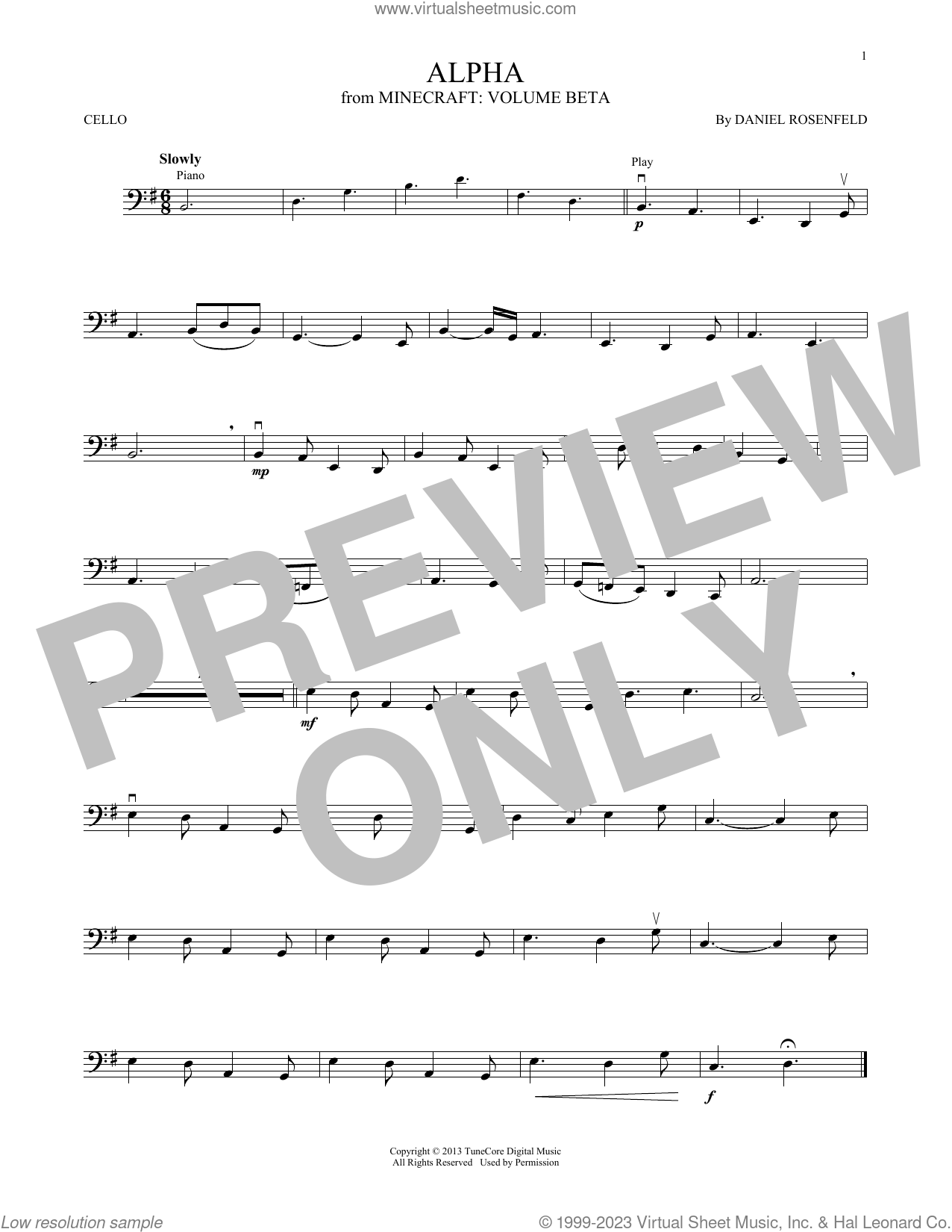 Alpha (from Minecraft) sheet music for cello solo (PDF)